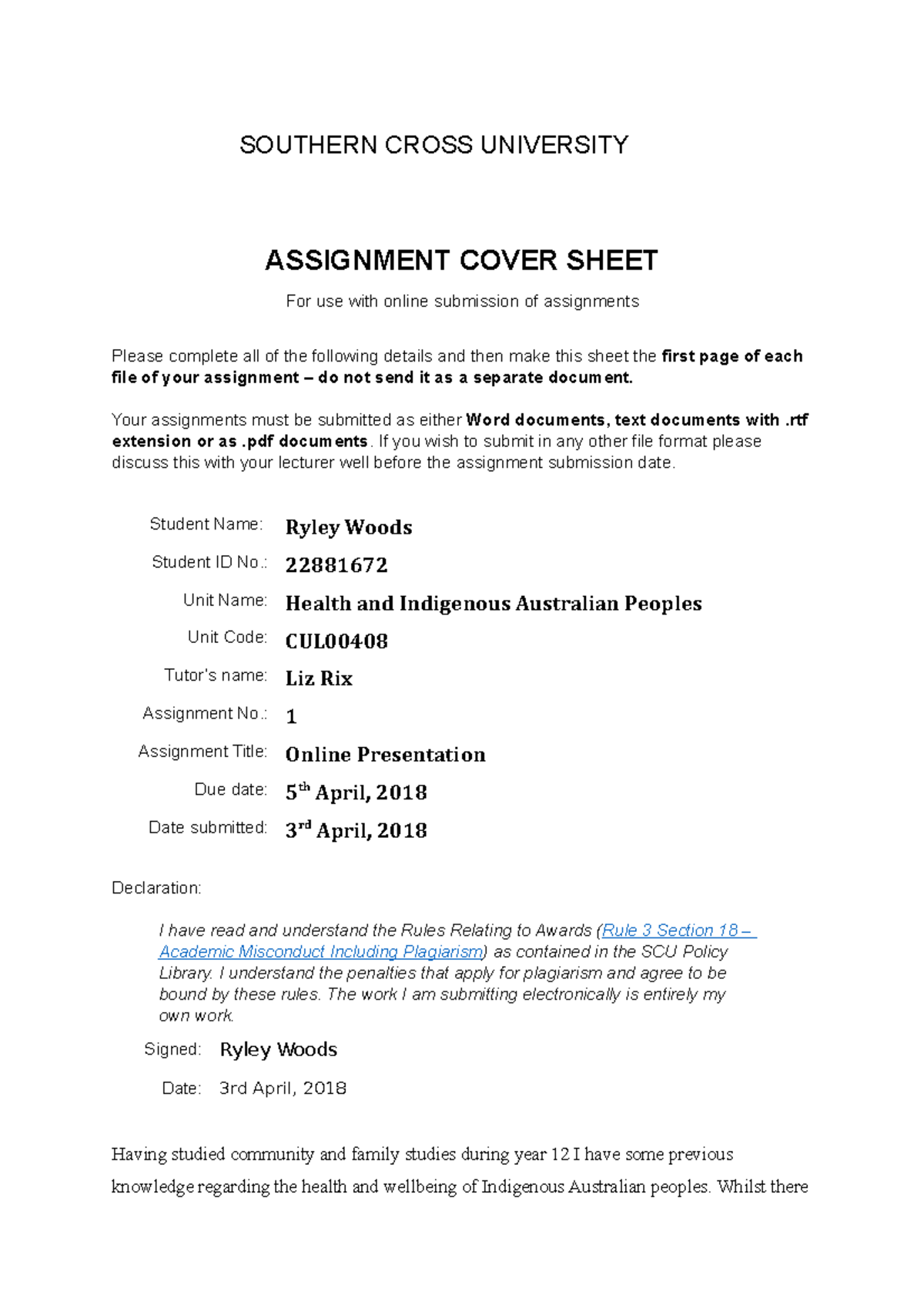 Ryley Woods - 22881672 - CUL00408 - Ass 1 - SOUTHERN CROSS UNIVERSITY ...