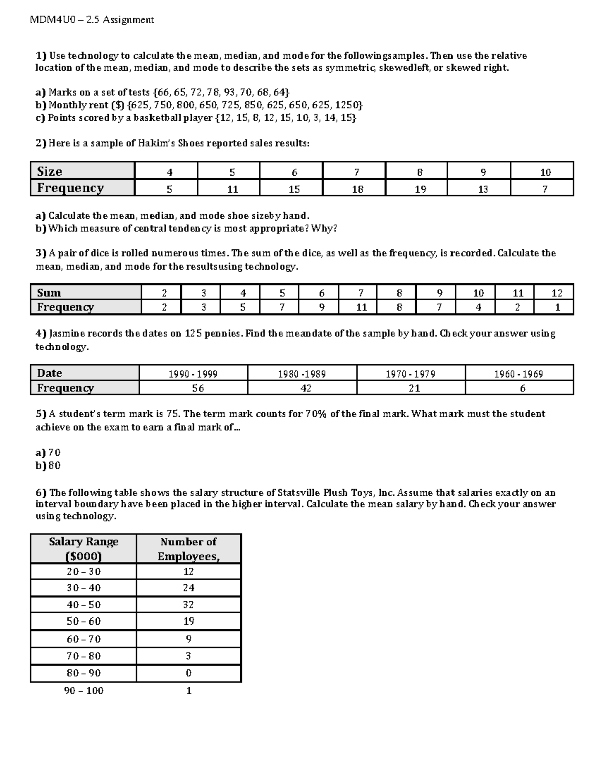 2.5 Measures of central tendency worksheet assignment - MDM4U0 – 2 ...