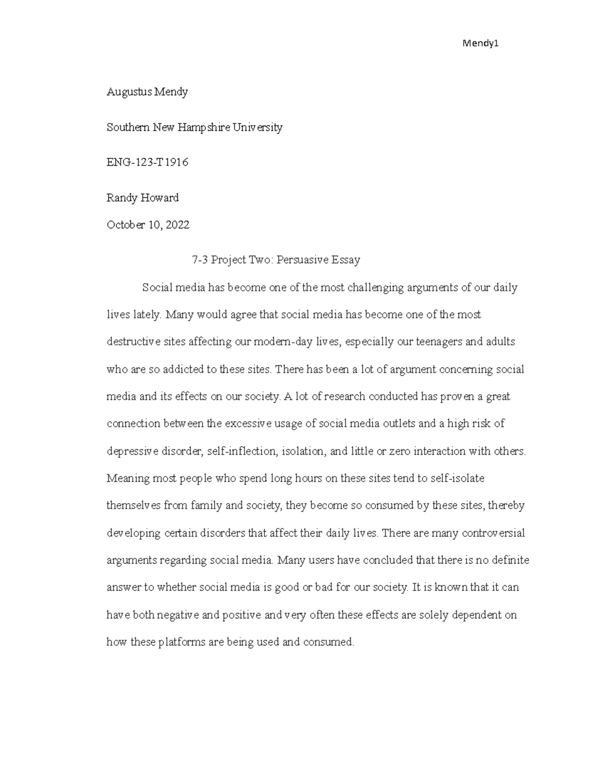 7-3 Project Two Persuasive Essay - Augustus Mendy Southern New ...