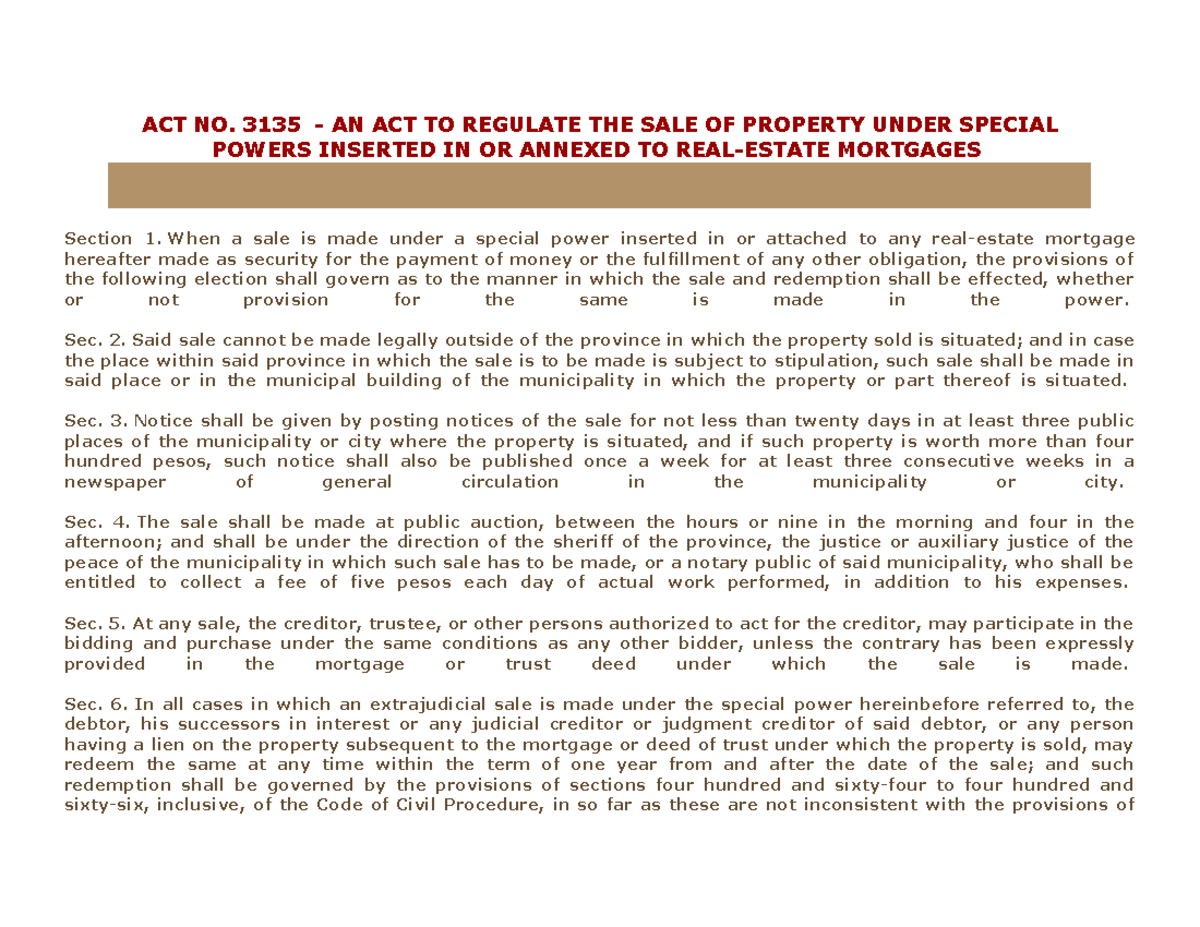 ACT NO 3135 - ACT NO. 3135 - AN ACT TO REGULATE THE SALE OF PROPERTY ...