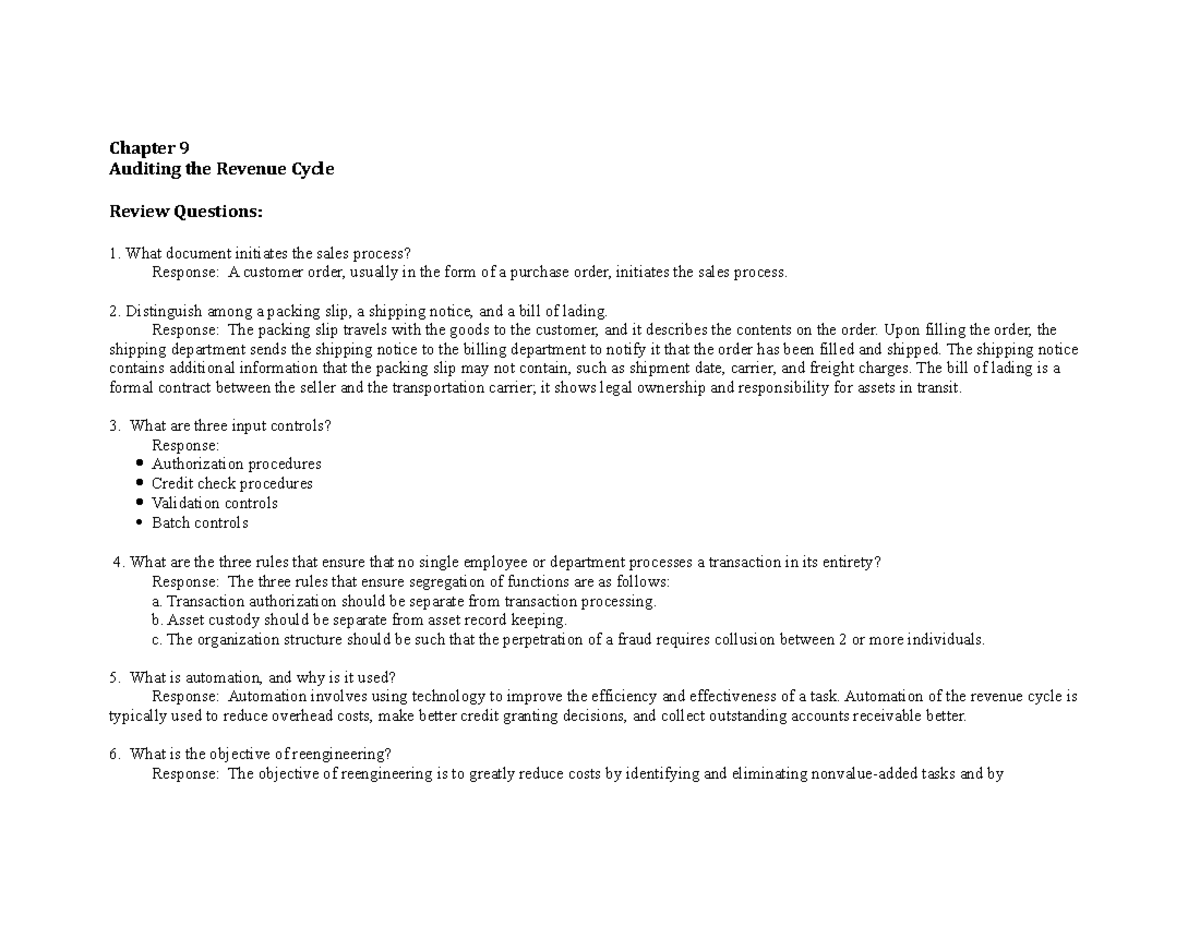 SM Ch9 - Answer Key - Chapter 9 Auditing the Revenue Cycle Review Questions: What document ...