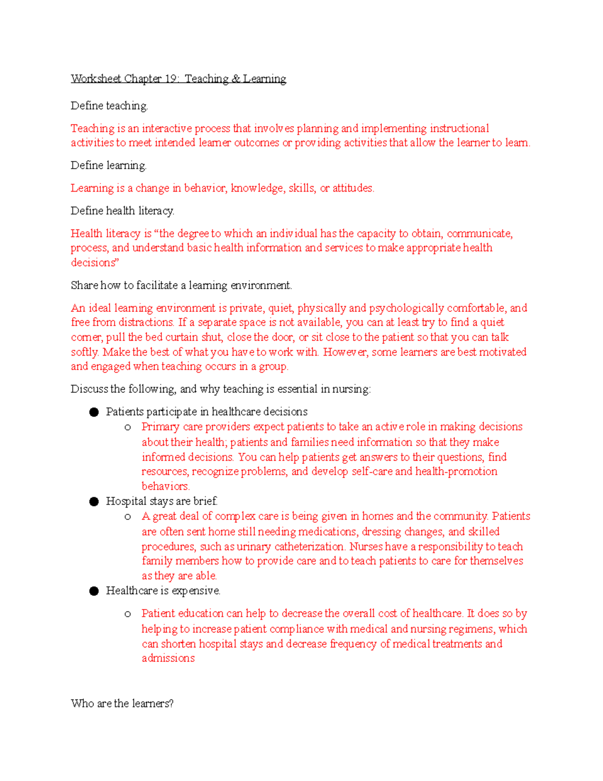 Chapter 19 Worksheet - Worksheet Chapter 19: Teaching & Learning Define ...