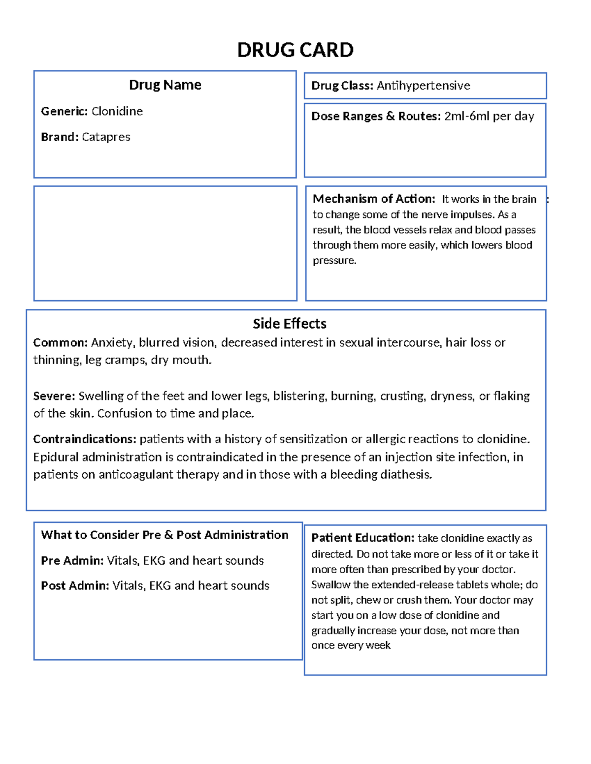 Conidine - DRUG CARD Drug Name Generic: Clonidine Brand: Catapres Drug ...