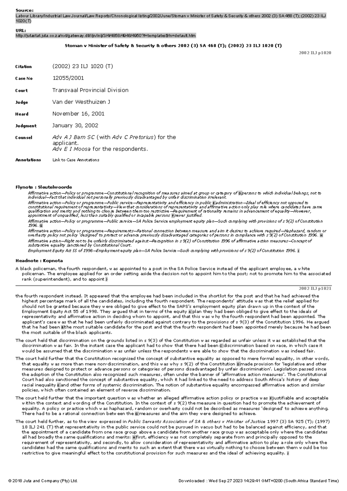 Stoman v Minister of Safety & Security & others 2002 (3) SA 468 (T ...