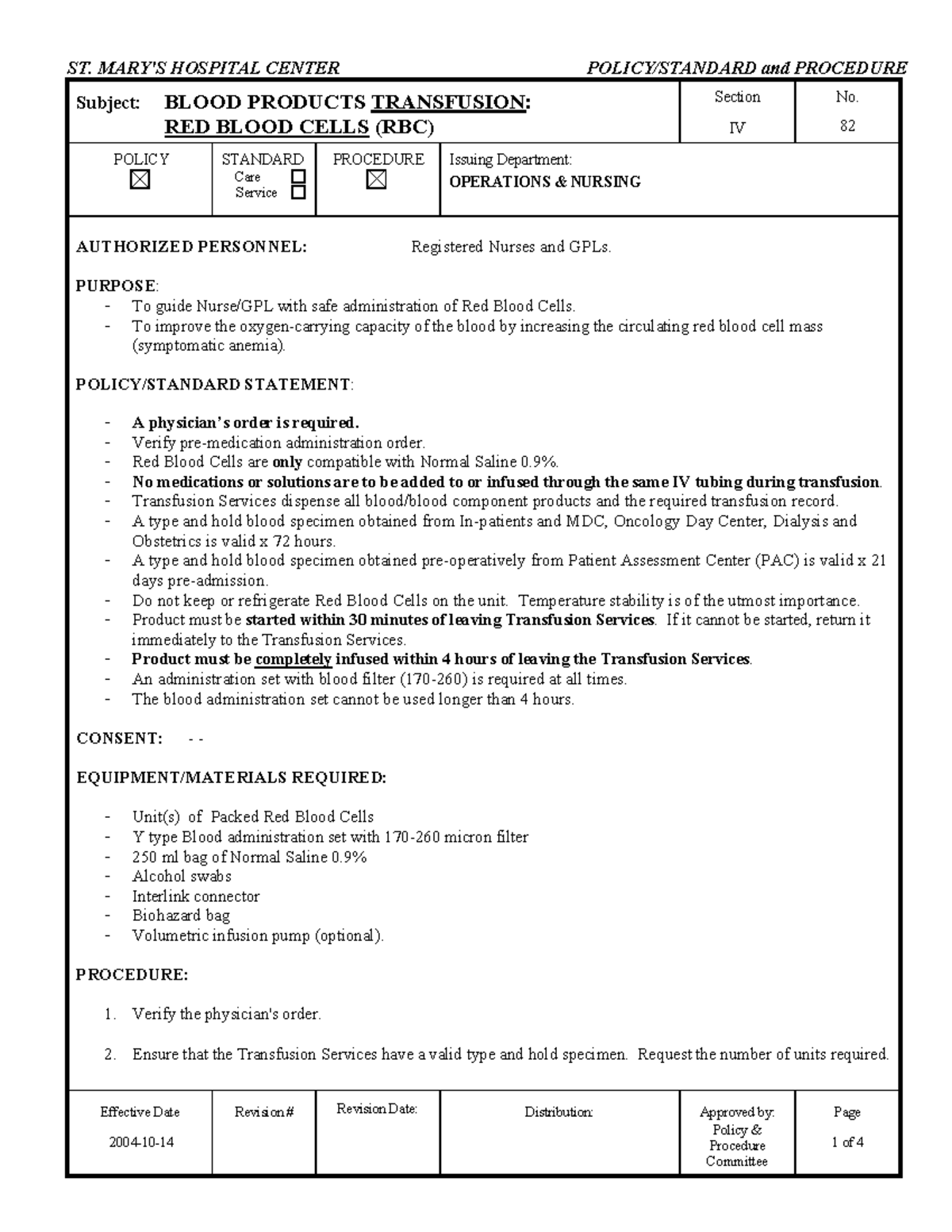 Blood Products Transfusion Red Blood Cells - Subject: BLOOD PRODUCTS ...