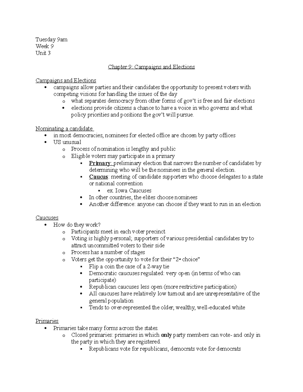 Chapter 9: Campaigns and Elections - Tuesday 9am Week 9 Unit 3 Chapter ...