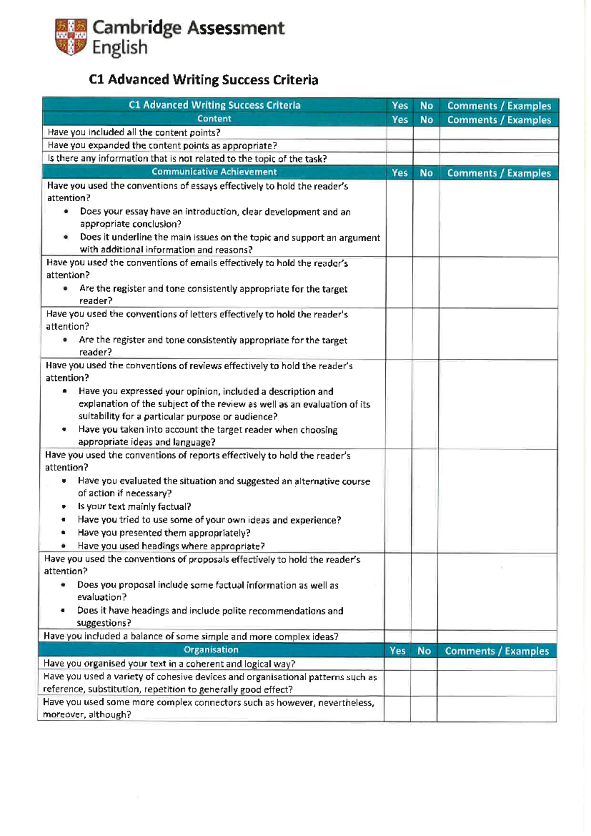 Writing check list and marking guide - Cambridge Assessment English C1 ...