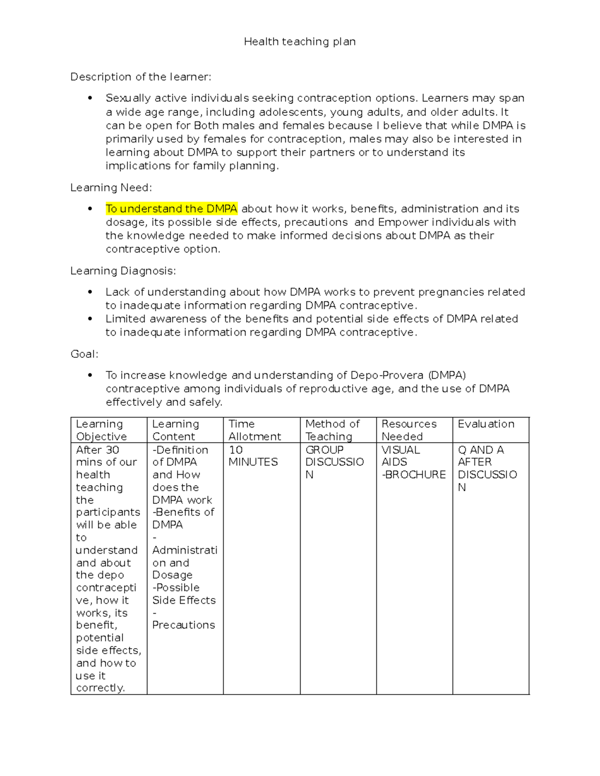 Health teaching plan - Health teaching plan Description of the learner ...