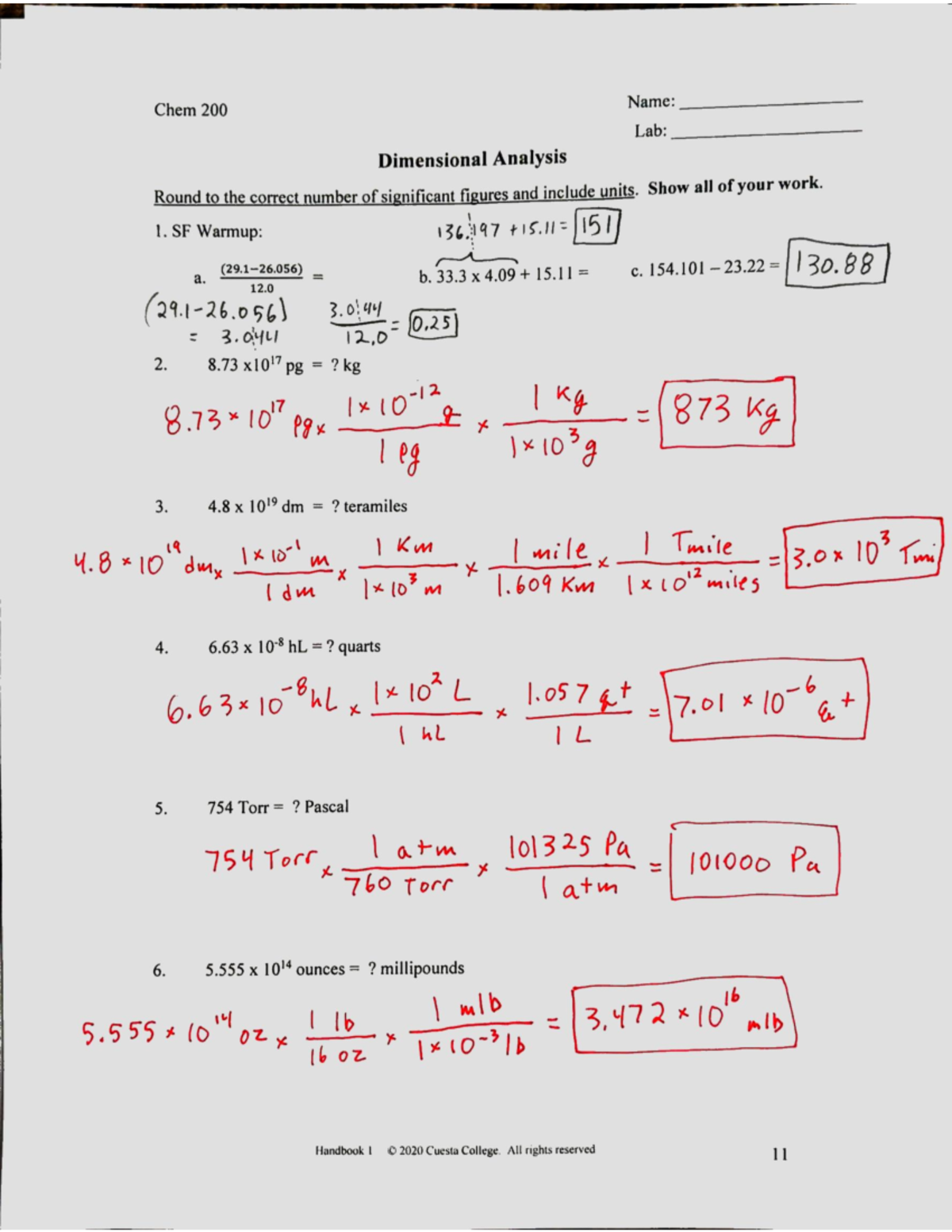 Dimensional Analysis FAL - CHEM 210FL - Studocu