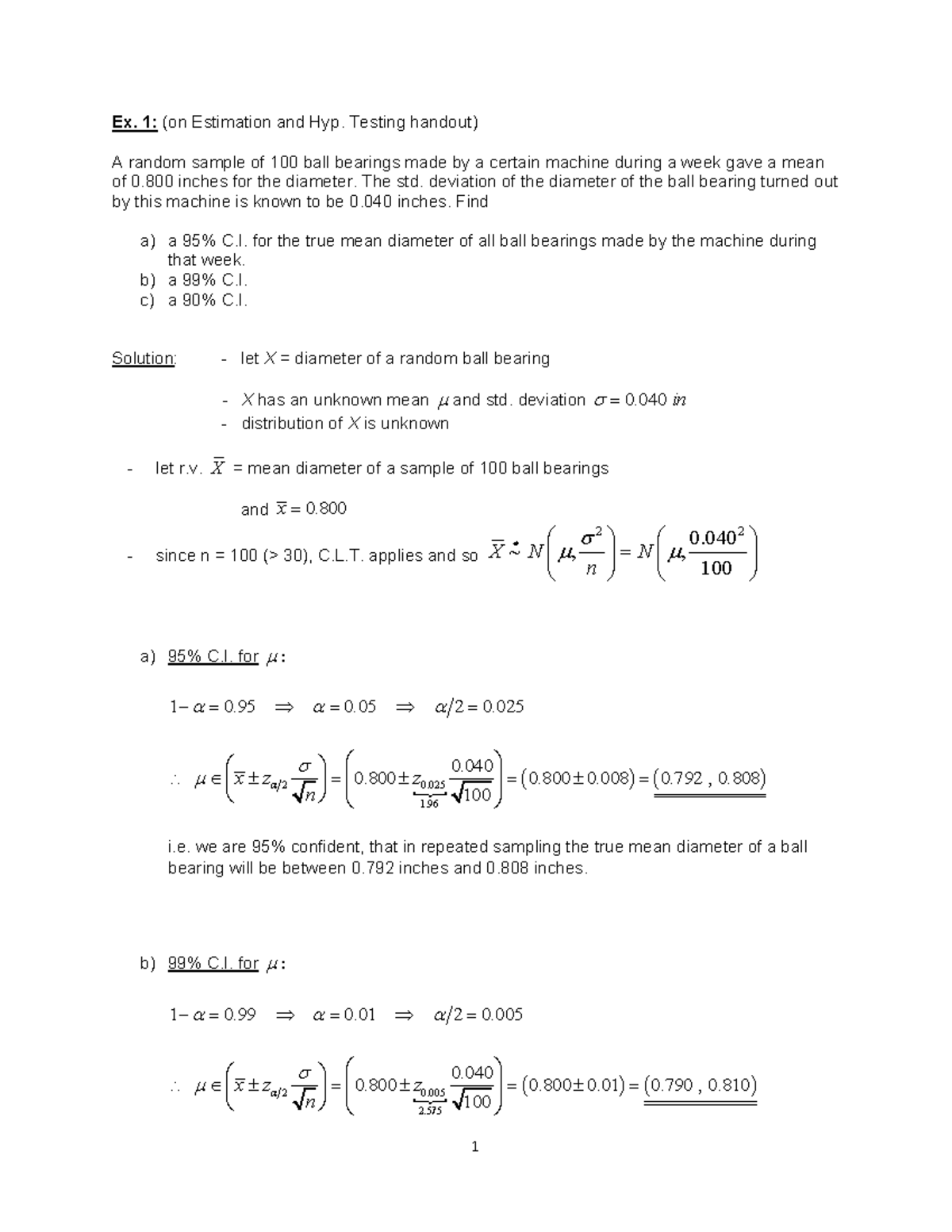 Chapter 8 Lecture 15 - Notes - Ex. 1: (on Estimation and Hyp. Testing ...