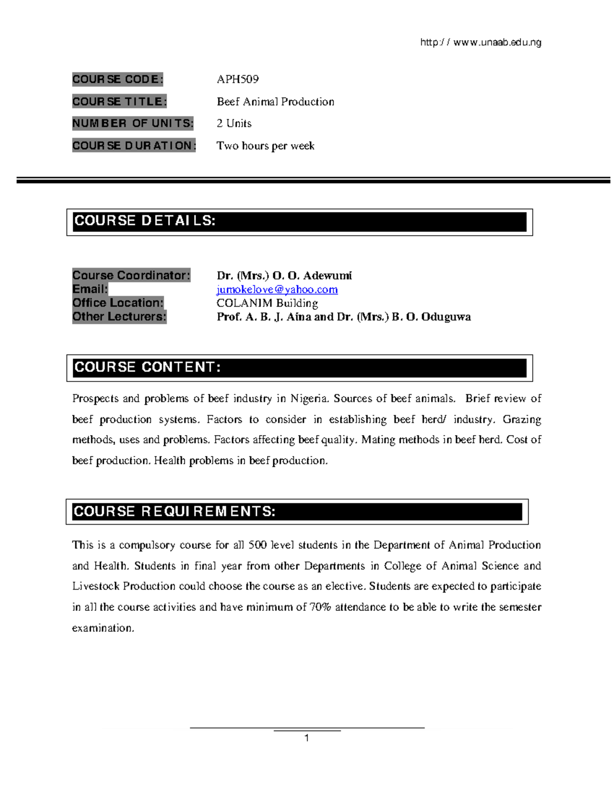 Beef Animal Production - COURSE CODE: APH COURSE TITLE: Beef Animal ...