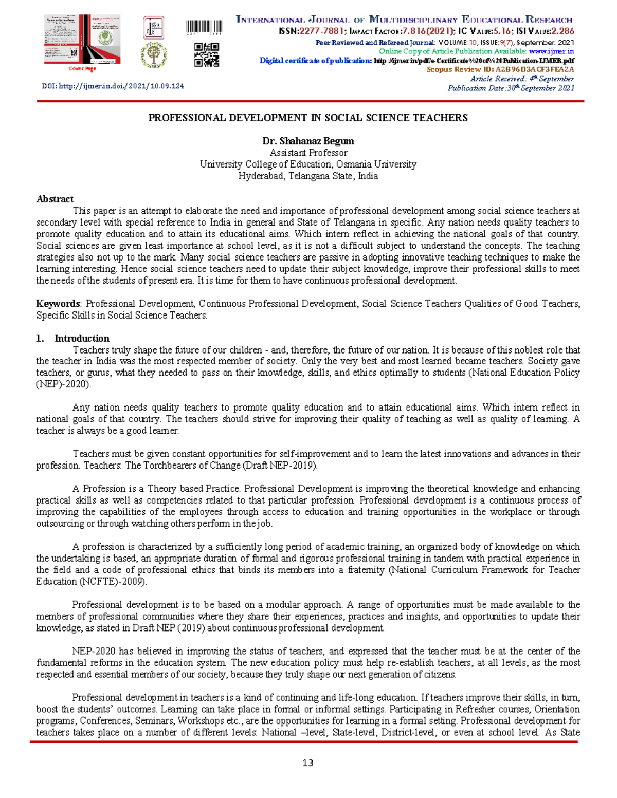 Professional Development - Cover Page DOI: ijmer.in.doi/2021/10.09 ...