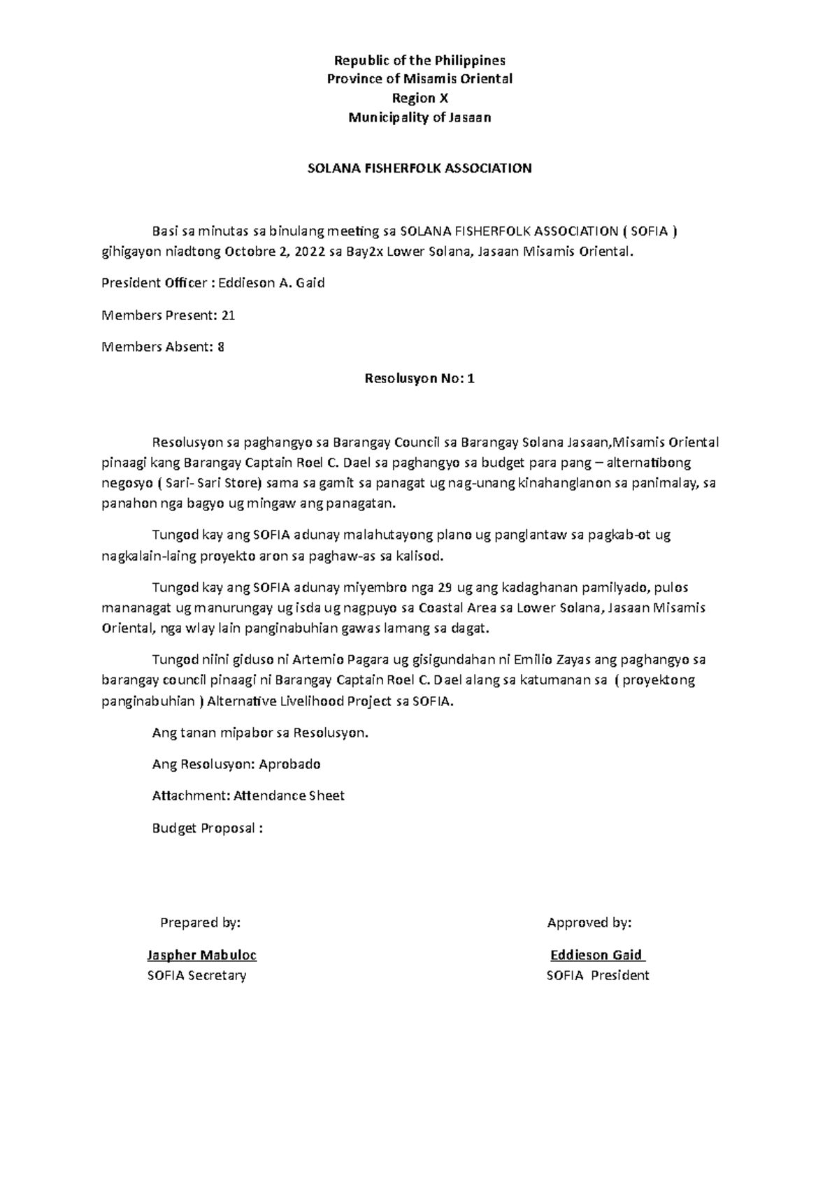 Resolusyon - Thank you - Republic of the Philippines Province of ...