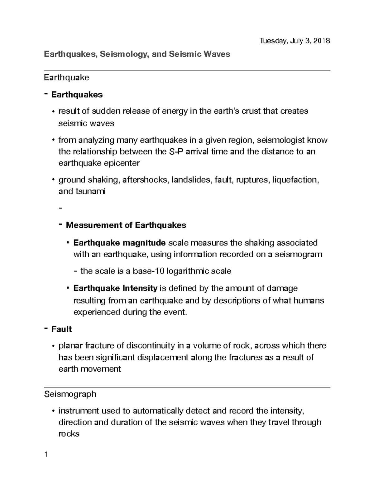 Earthquakes - Lecture notes 7 - Tuesday, July 3, 2018 Earthquakes ...