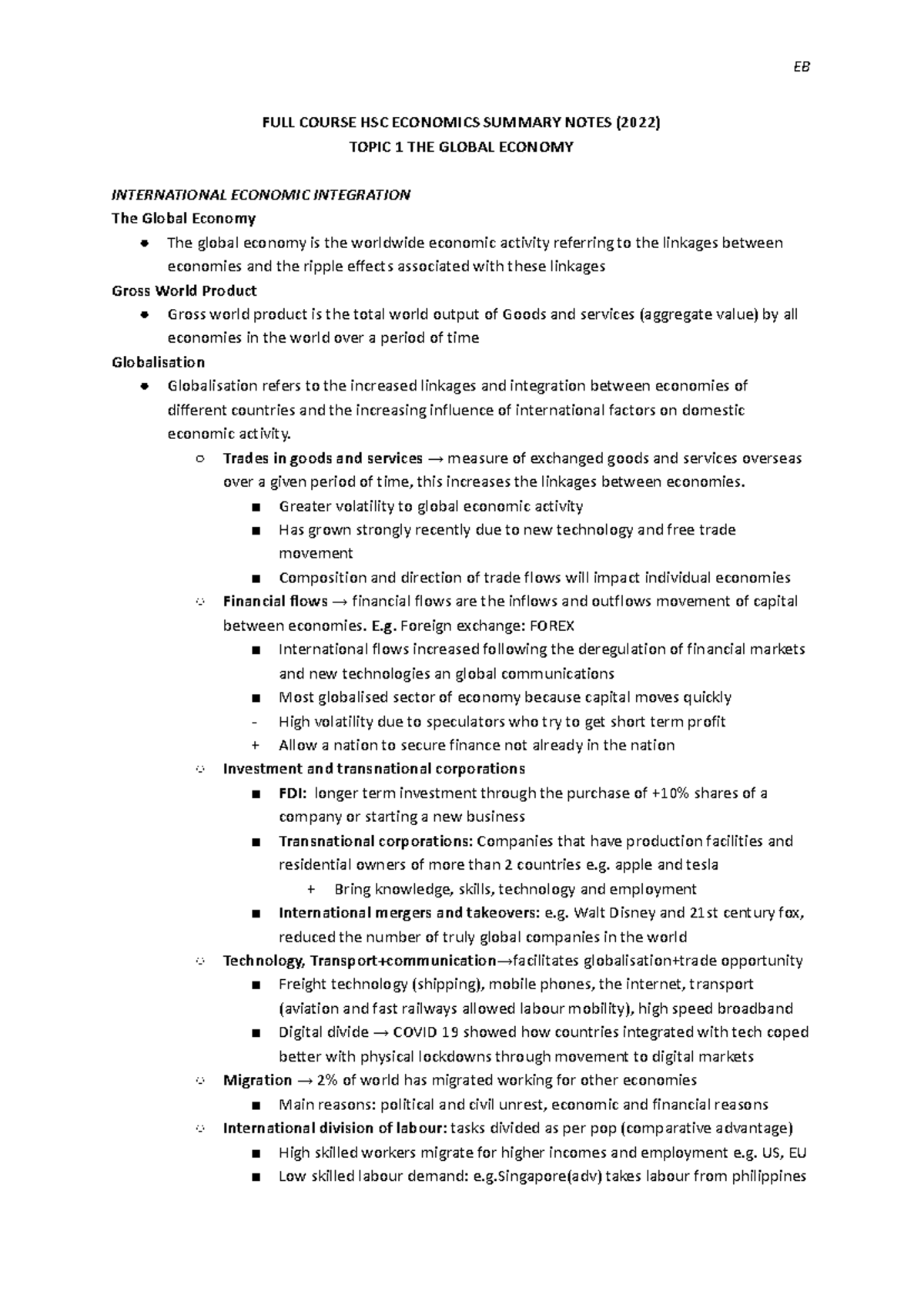 Economics FULL Course Summary Notes - EB FULL COURSE HSC ECONOMICS ...