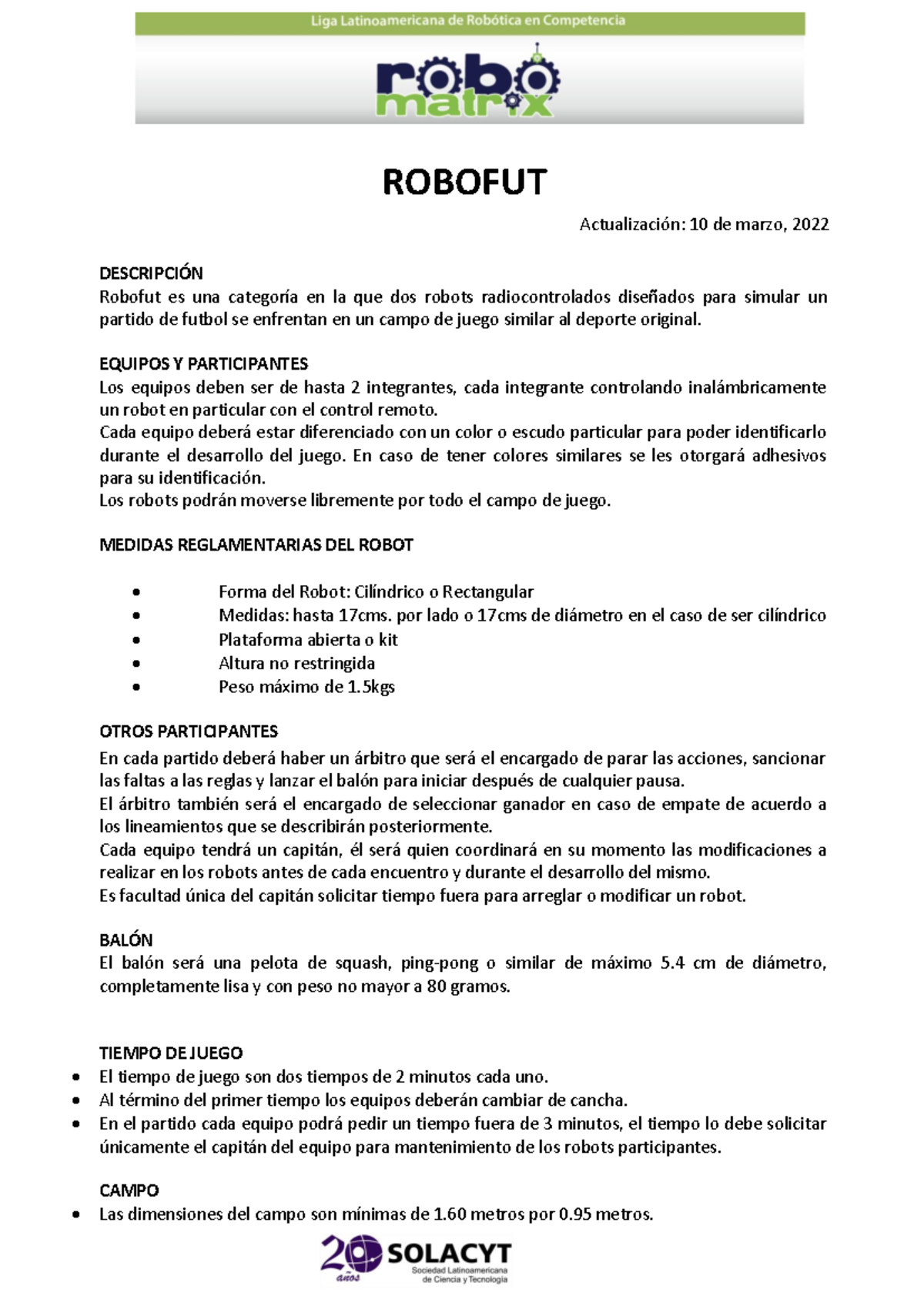 Reglas Robofut - ROBOFUT Actualización: 1 0 de marzo, 2022 DESCRIPCIÓN ...