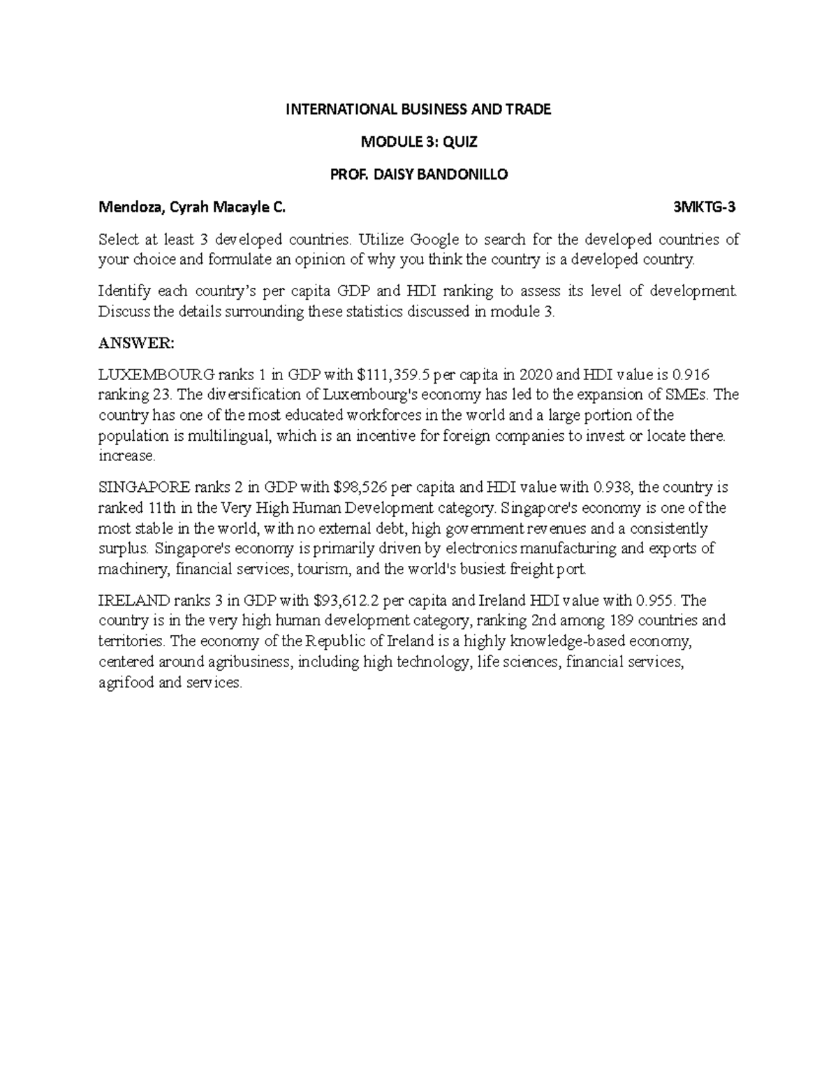 IBT Module 3-Quiz (Mendoza, Cyrah Macayle) - INTERNATIONAL BUSINESS AND ...