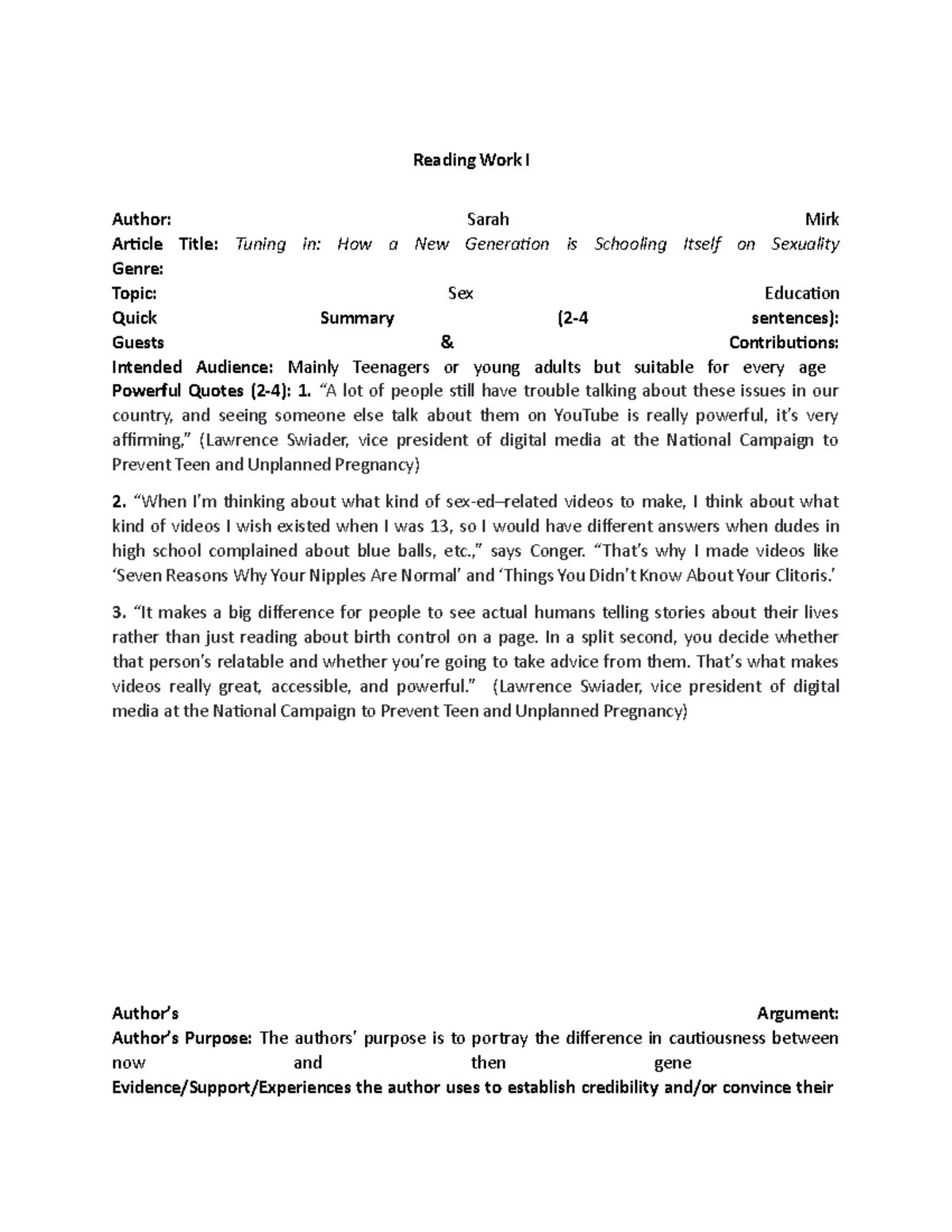 RW1 - This was an reading assignment where we had to read an article ...