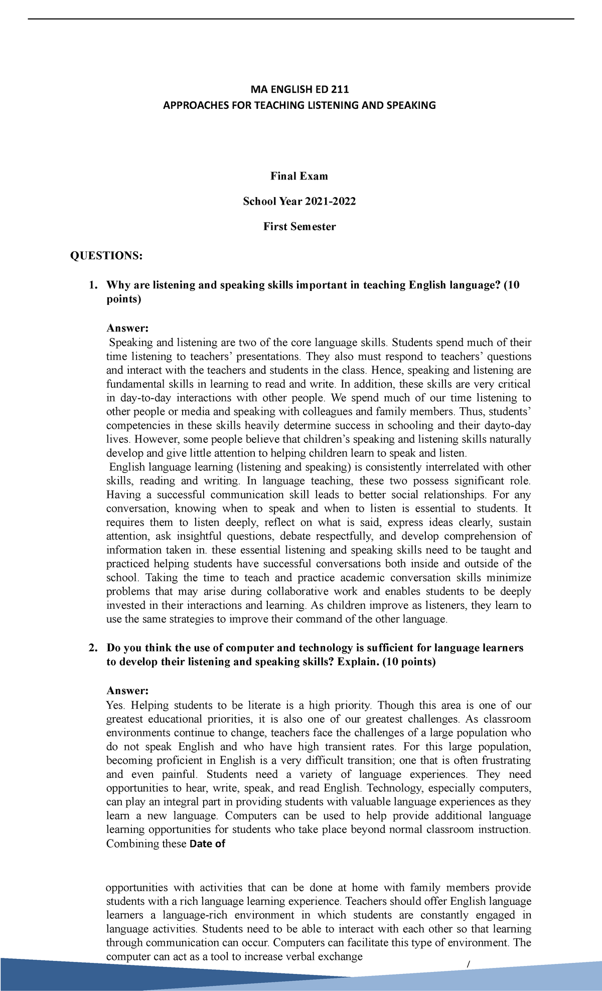 Final Exam in Approaches in Teaching Listeing and Speaking - / MA ENGLISH ED 211 APPROACHES FOR ...