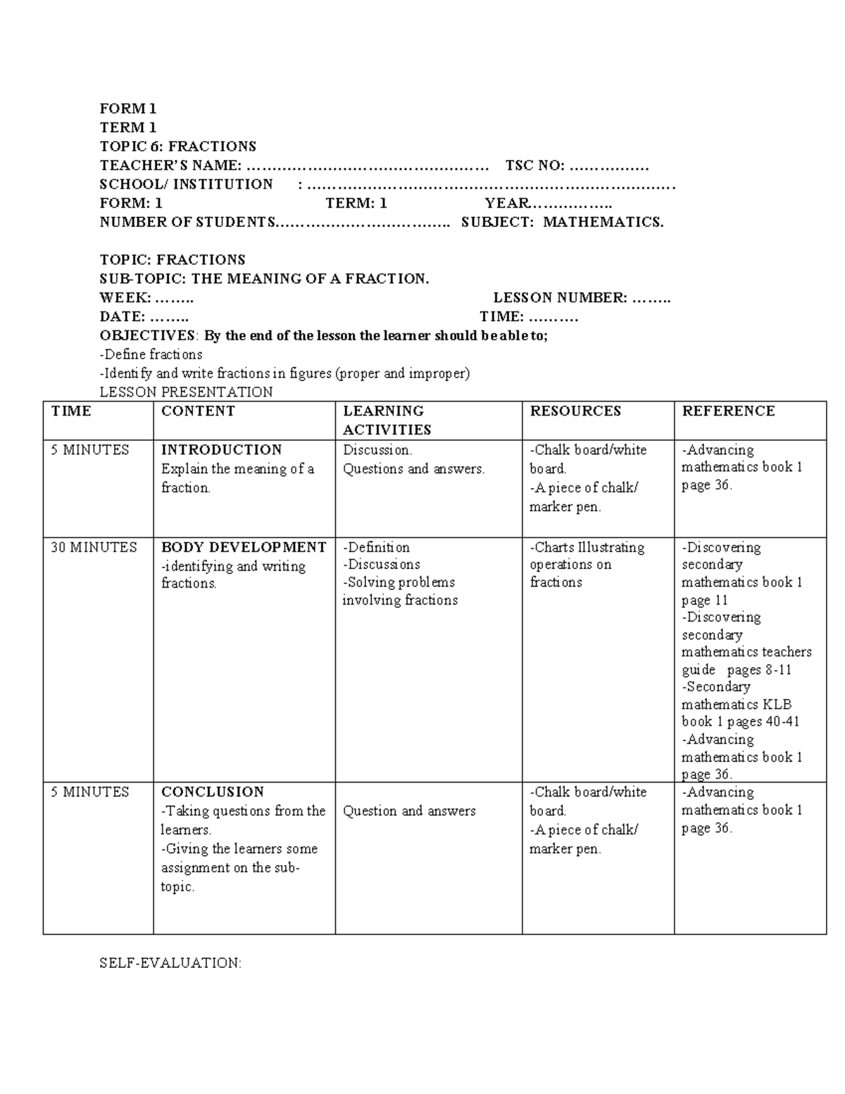 18 fractions lesson plans form 1 mathematics term 1 word formatL - FORM ...