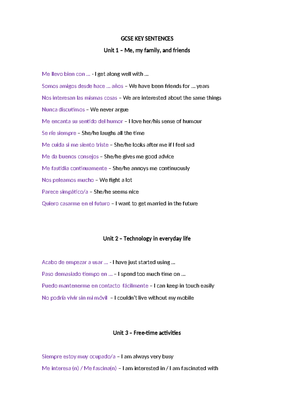 GCSE KEY Sentences - xxxx - GCSE KEY SENTENCES Unit 1 – Me, my family ...