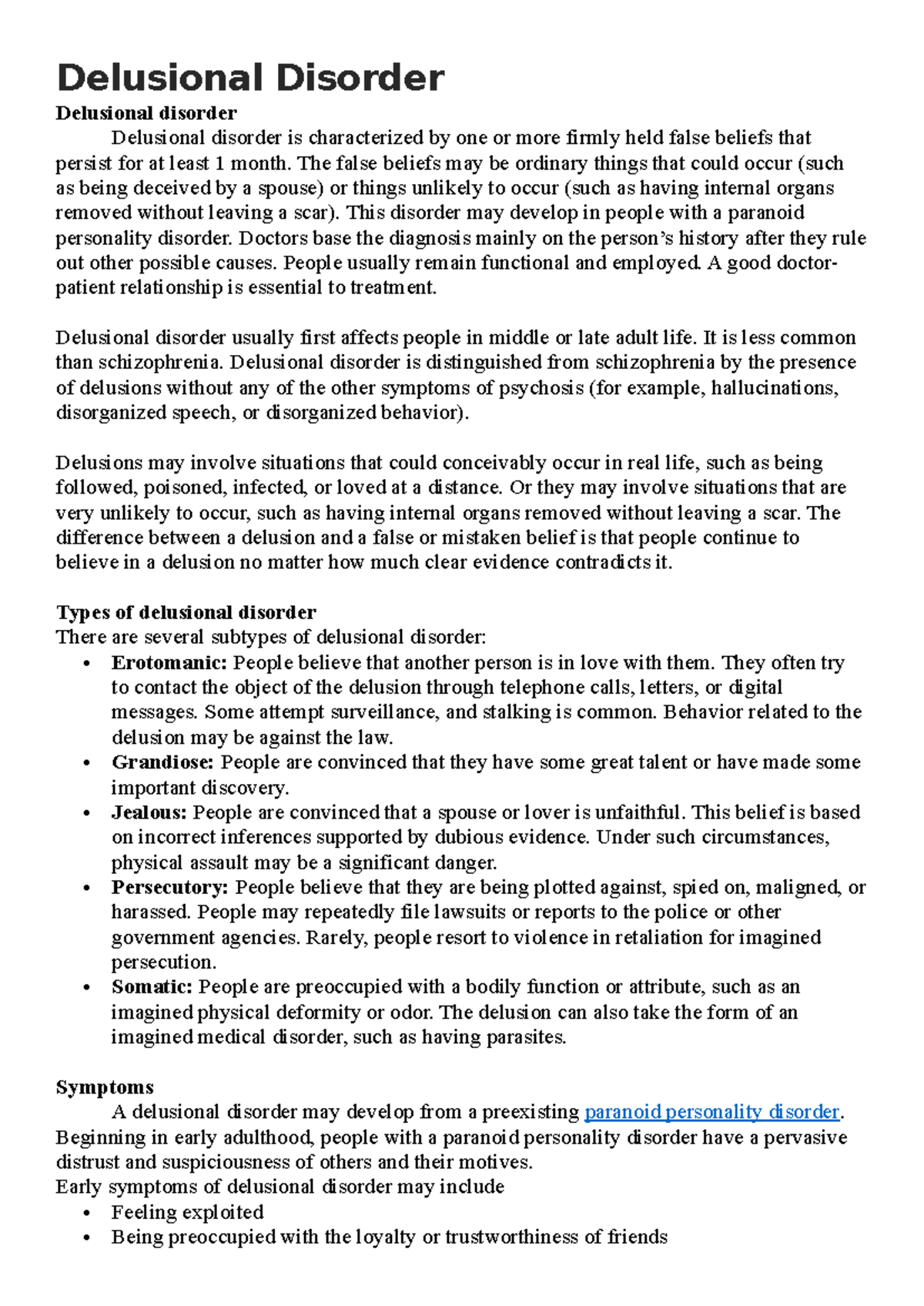 Delusional disorder - Summary Developmental Biology - Delusional ...