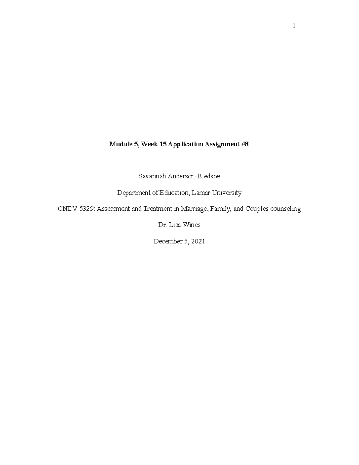 CAR Example - Module 5, Week 15 Application Assignment # Savannah ...