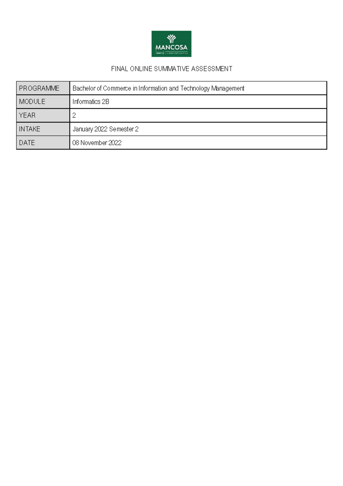 Informatics 2B Final OSA - FINAL ONLINE SUMMATIVE ASSESSMENT PROGRAMME ...