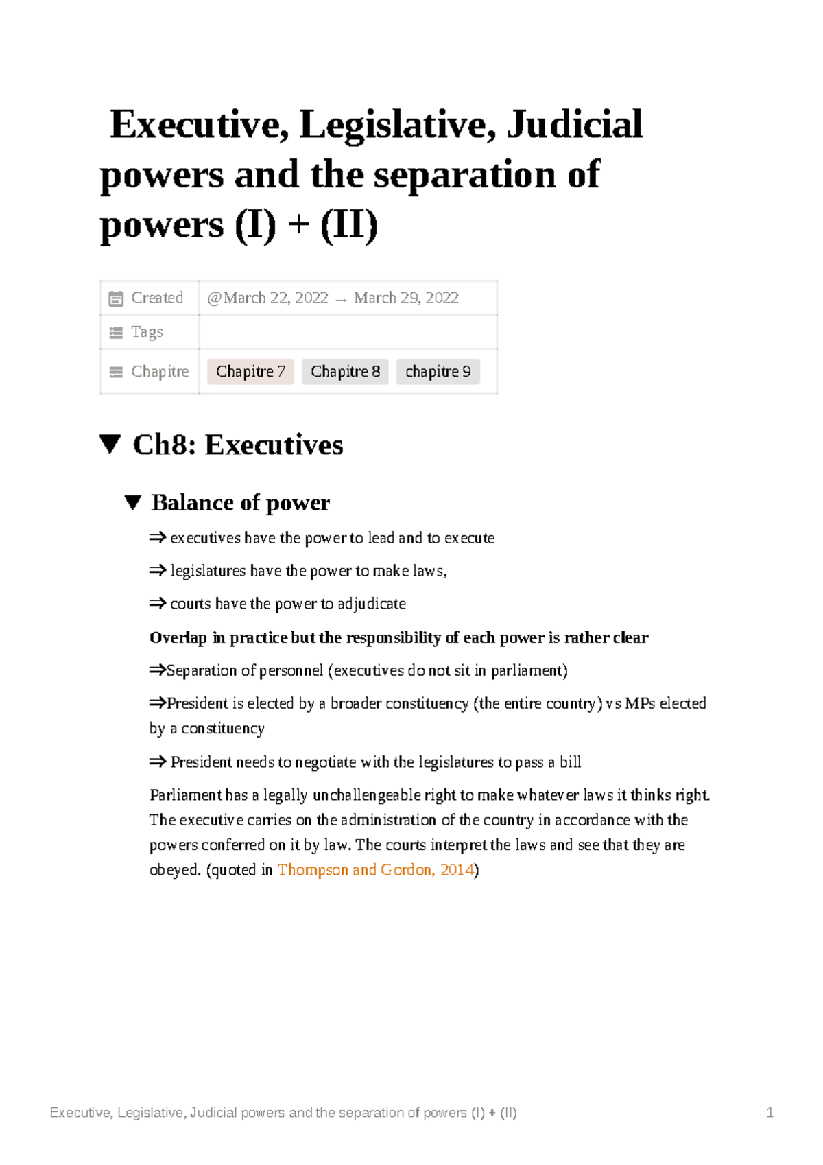 Executive, Legislative, Judicial powers and the separation of powers (I ...