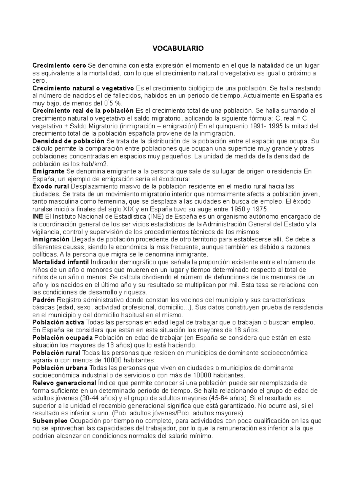 Vocabulario geo 3 ev - fhgjh - VOCABULARIO Crecimiento cero Se denomina ...