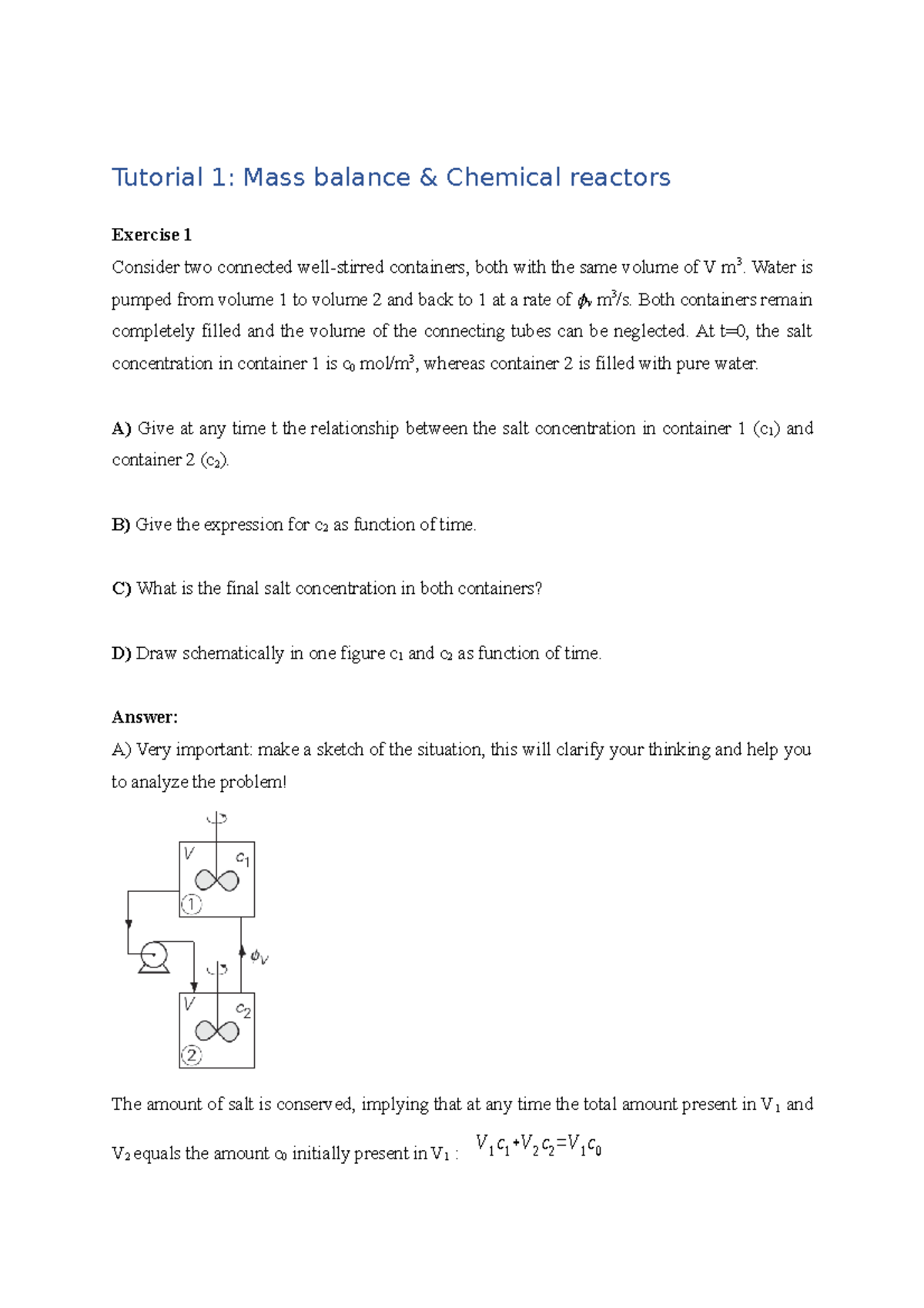 FD Tutorial 1 2020 solutions - Tutorial 1: Mass balance & Chemical ...