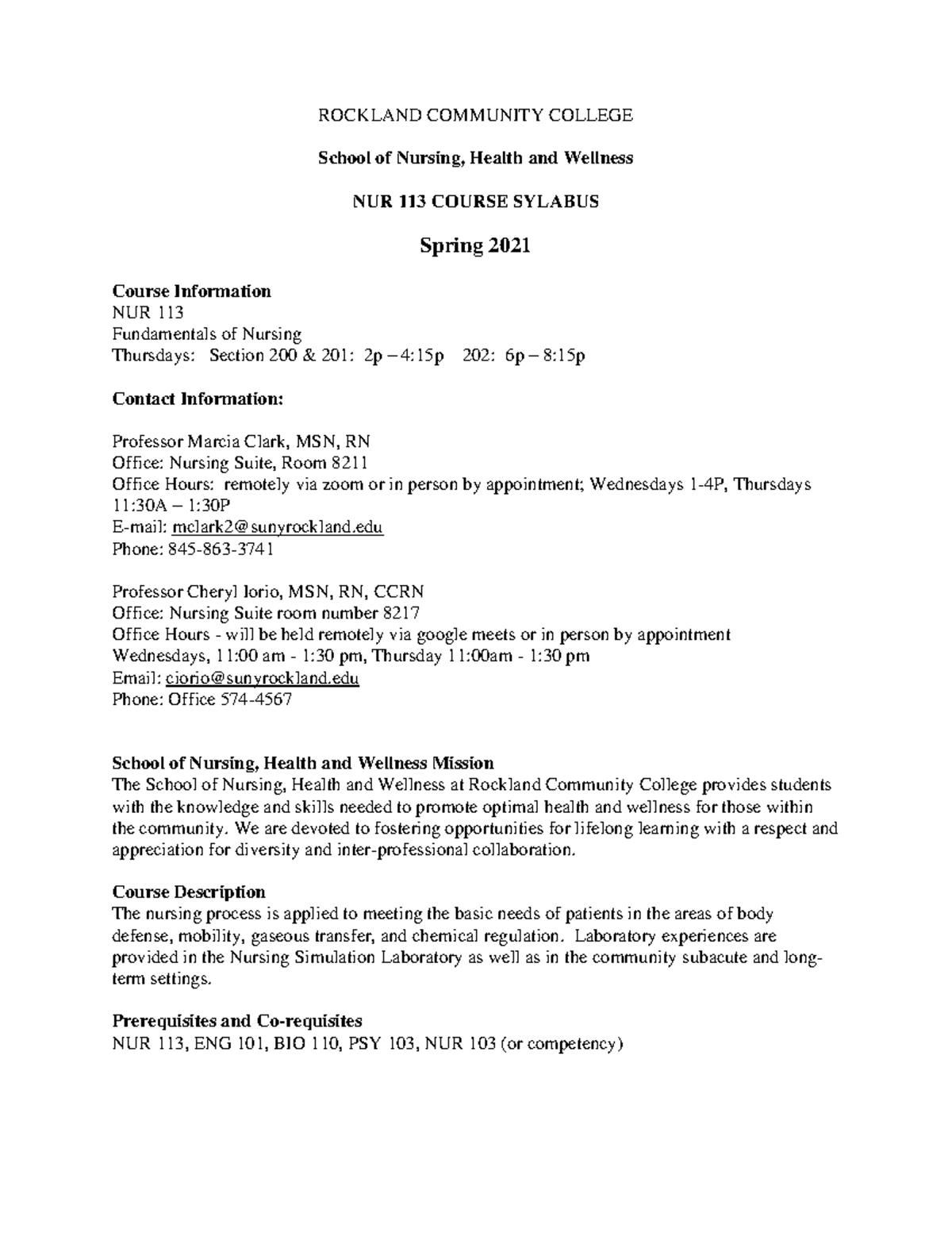 Spring '21 NUR 113 Syllabus - ROCKLAND COMMUNITY COLLEGE School of ...