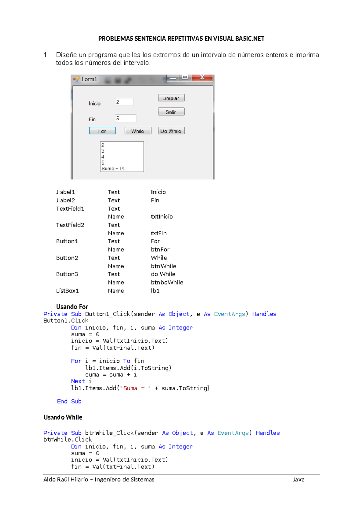 Practica repetitivos VB - PROBLEMAS SENTENCIA REPETITIVAS EN VISUAL BASIC 1. Diseñe un programa ...