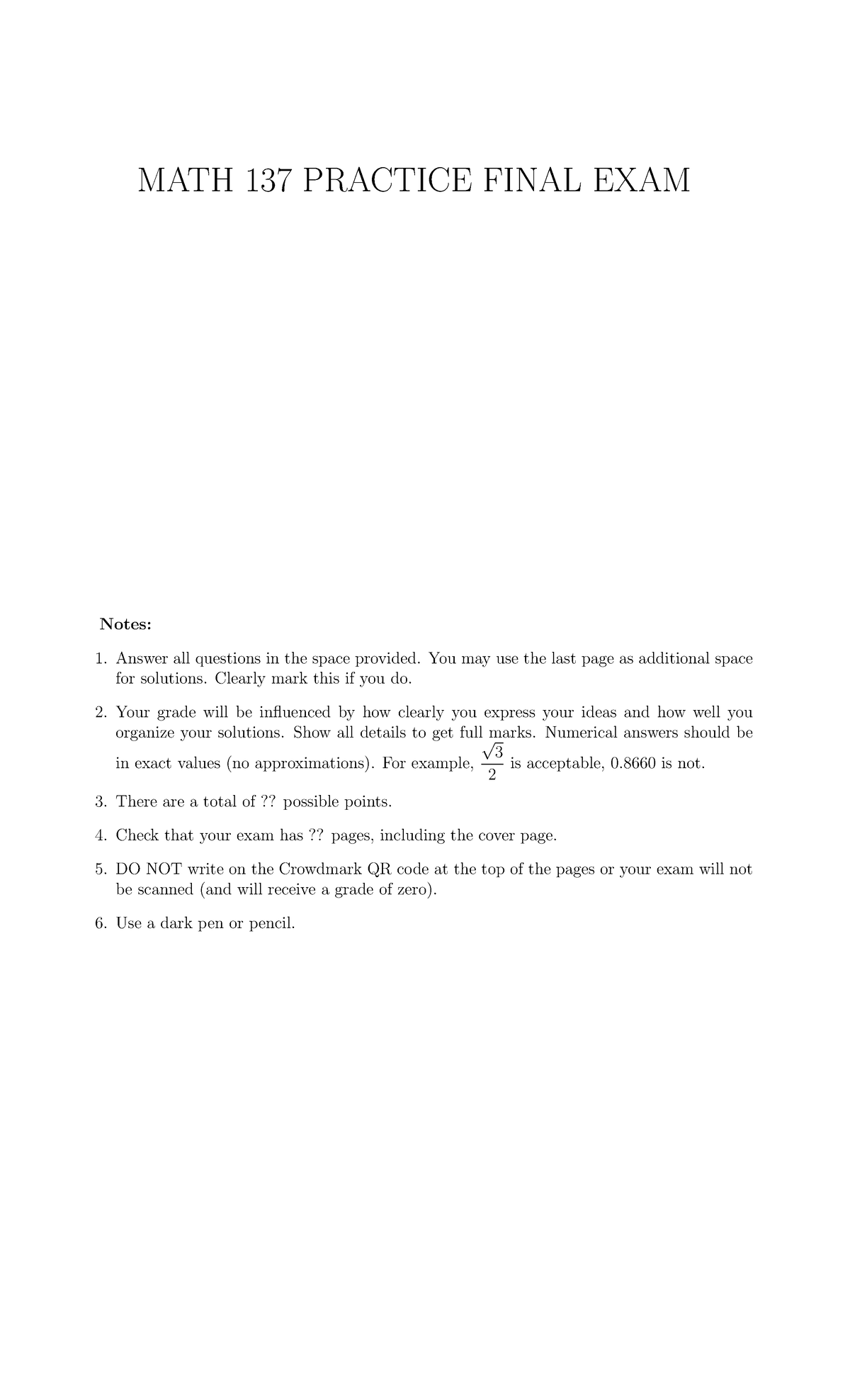 M137 Final Exam 2019 Practice Questions - MATH 137 PRACTICE FINAL EXAM ...