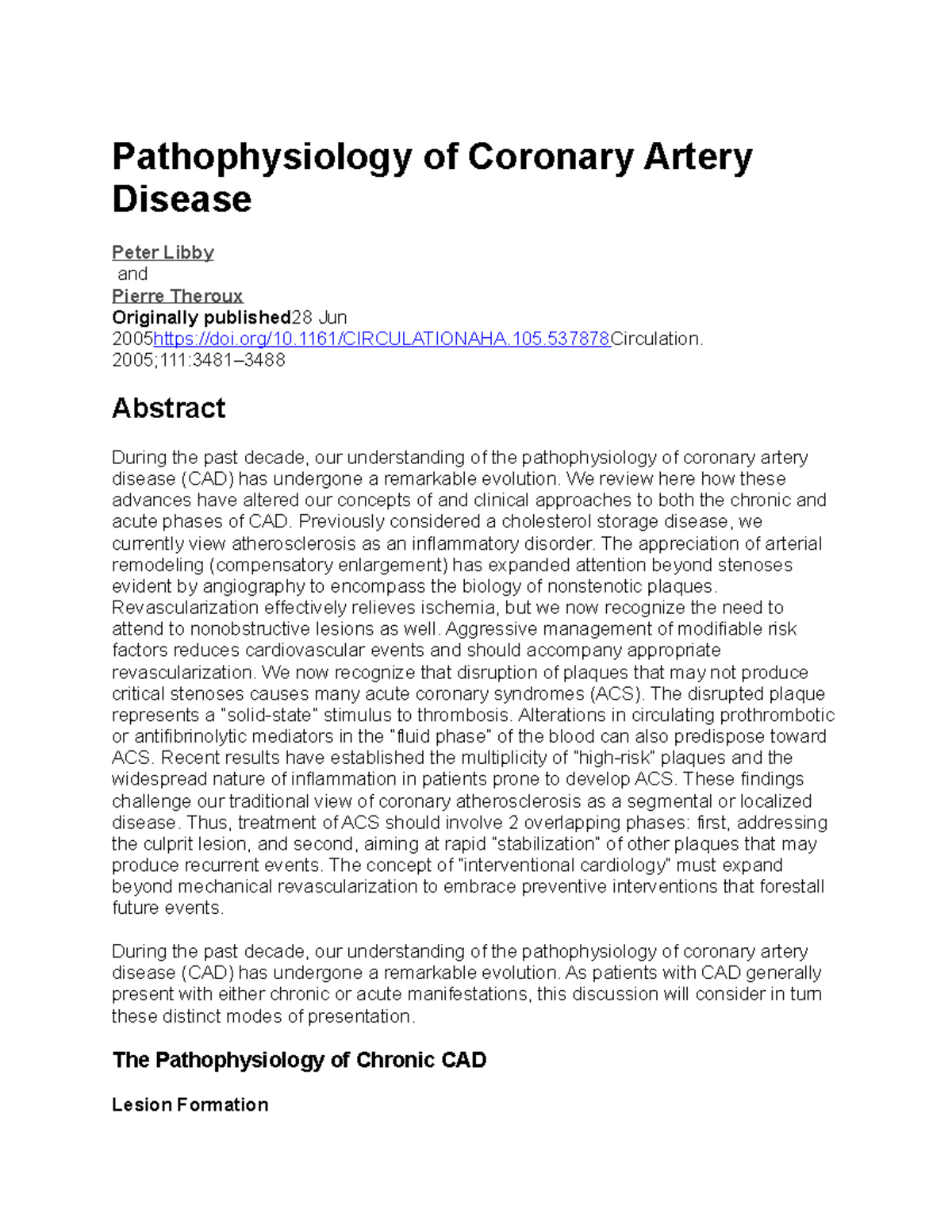 Pathophysiology of Coronary Artery Disease - Pathophysiology of ...