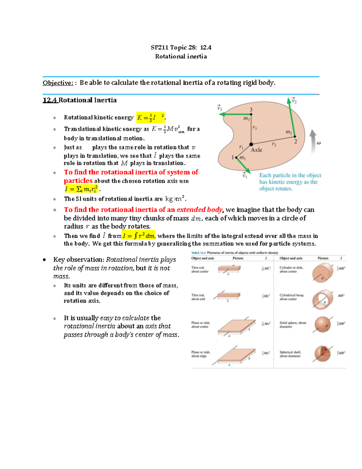 Topic 28;Rotational inertia - SP211 Topic 28: 12. Rotational inertia ...