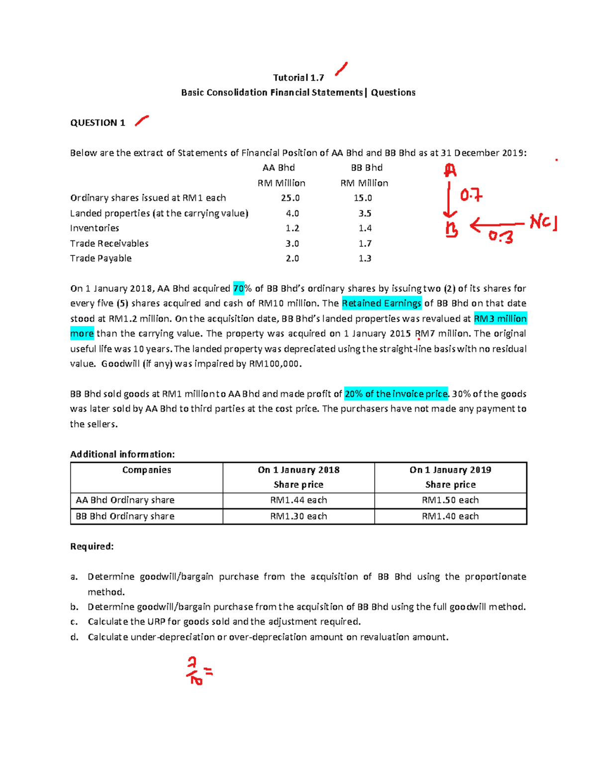 Tut 1.7 Goodwill Q - Tutorial 1. Basic Consolidation Financial Statements| Questions QUESTION 1 ...