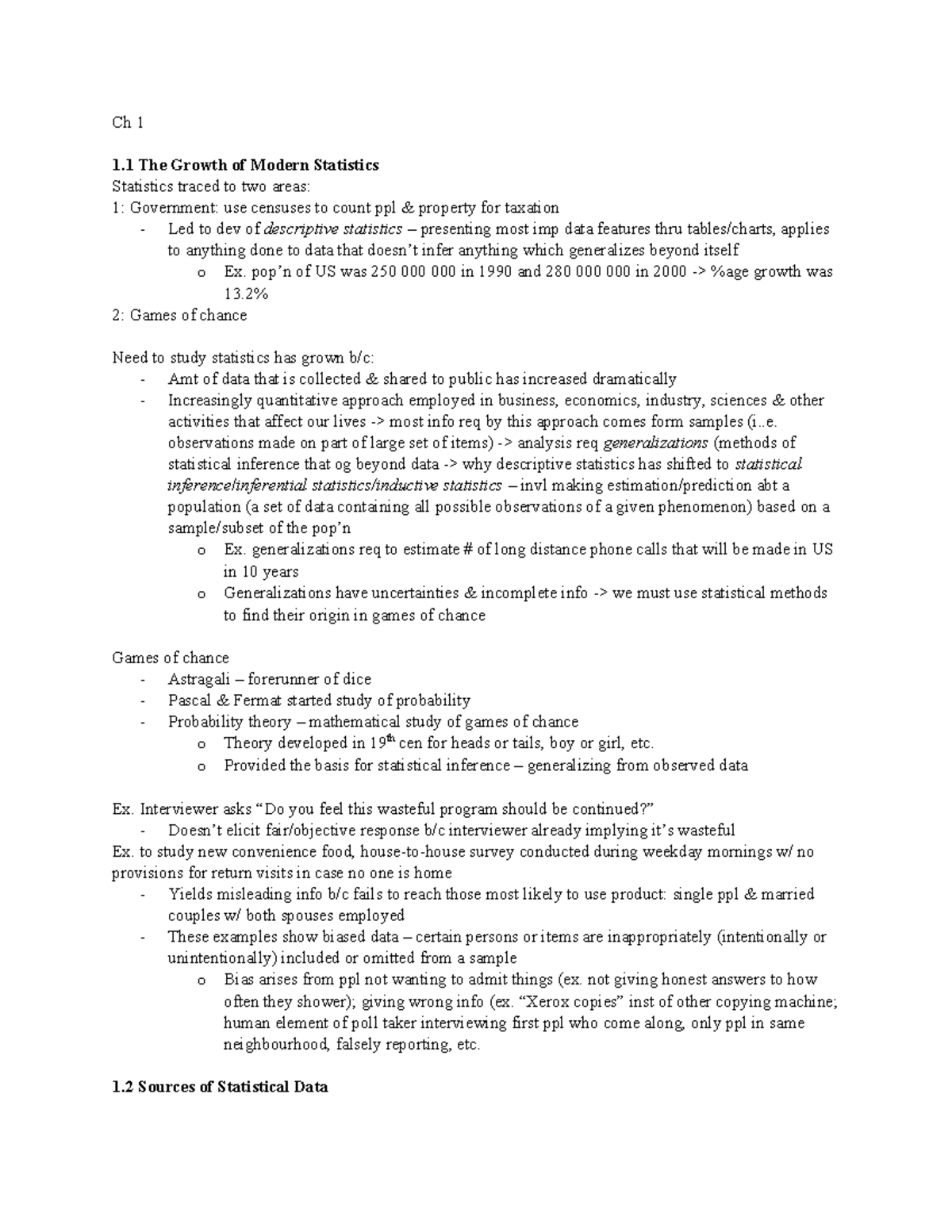 Stat 1 Stat 263 Textbook And Lecture Notes Ch 1 1 The Growth Of Modern Statistics Statistics