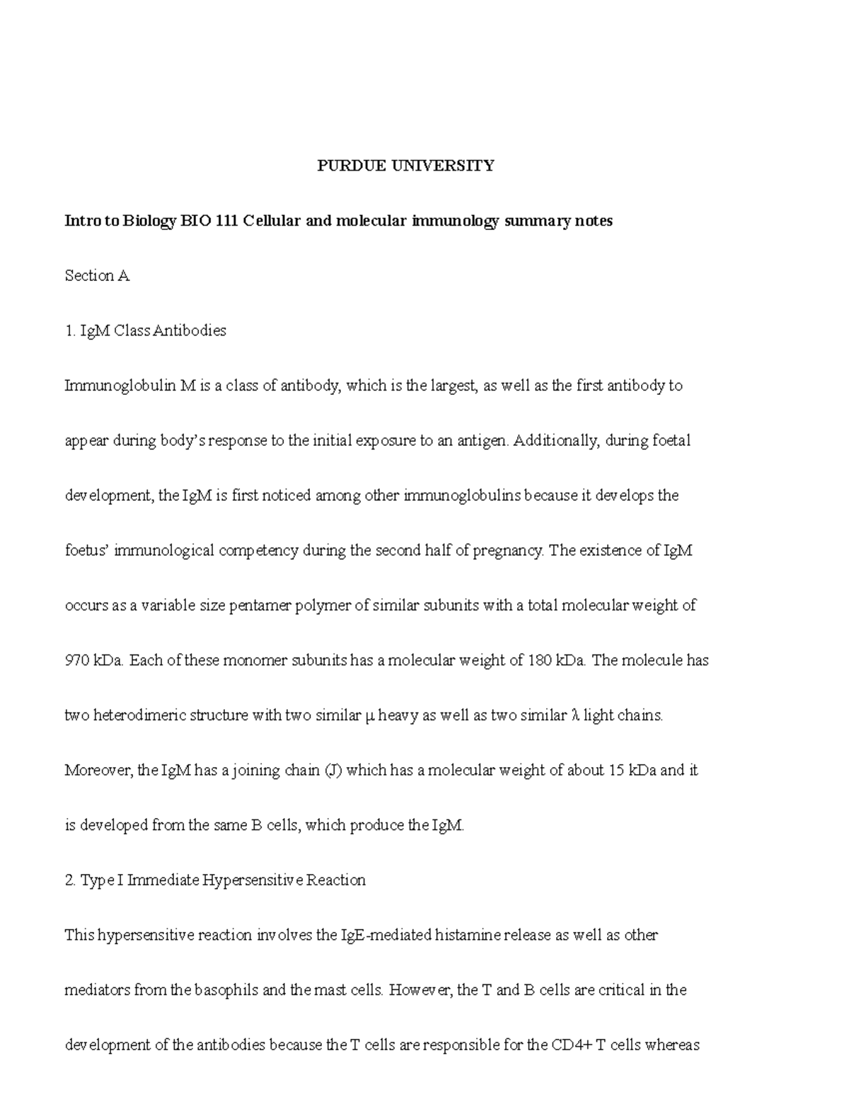 Intro to Biology BIO 111 summary notes 2 - PURDUE UNIVERSITY Intro to ...