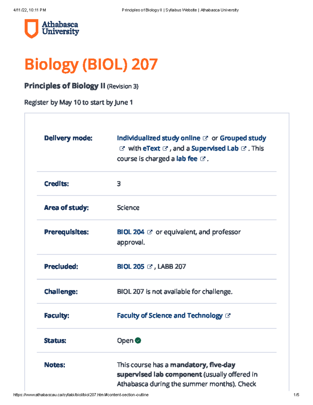 Principles of Biology II Syllabus Website Athabasca University ...