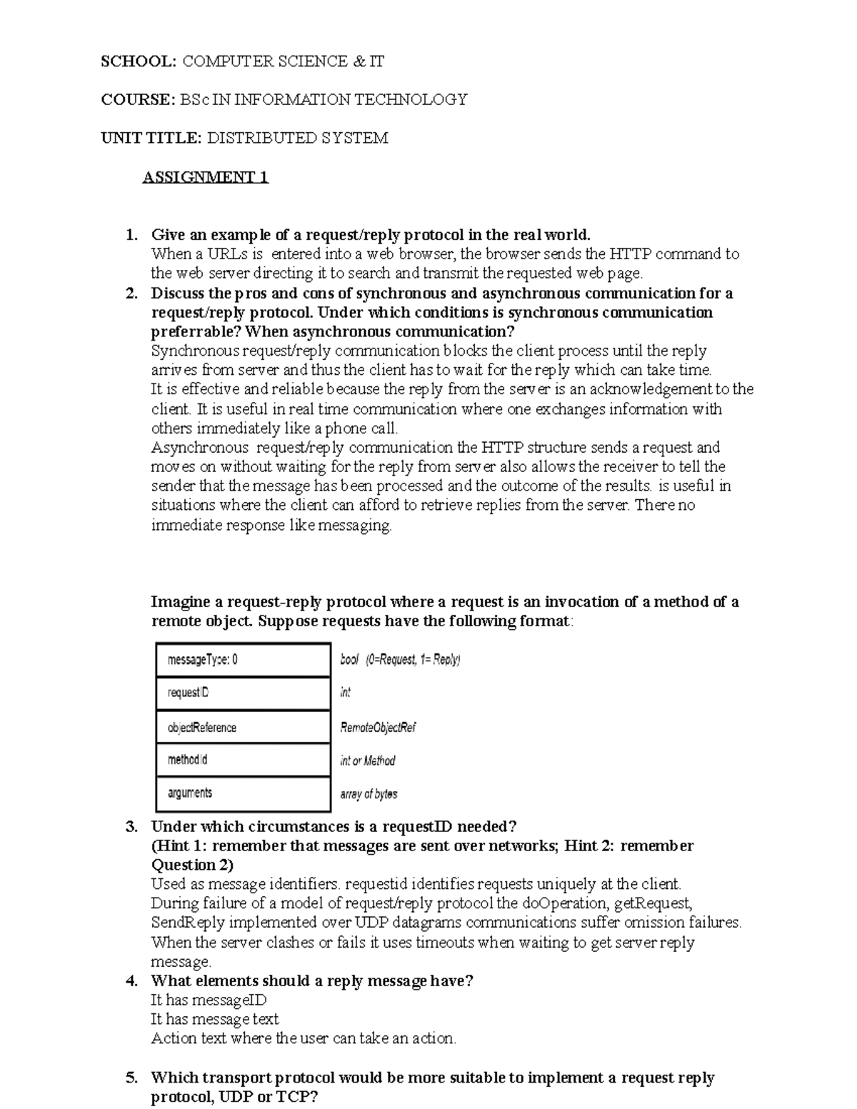 Assignment 1 and 2 - distributed systems - SCHOOL: COMPUTER SCIENCE & IT COURSE: BSc IN - Studocu