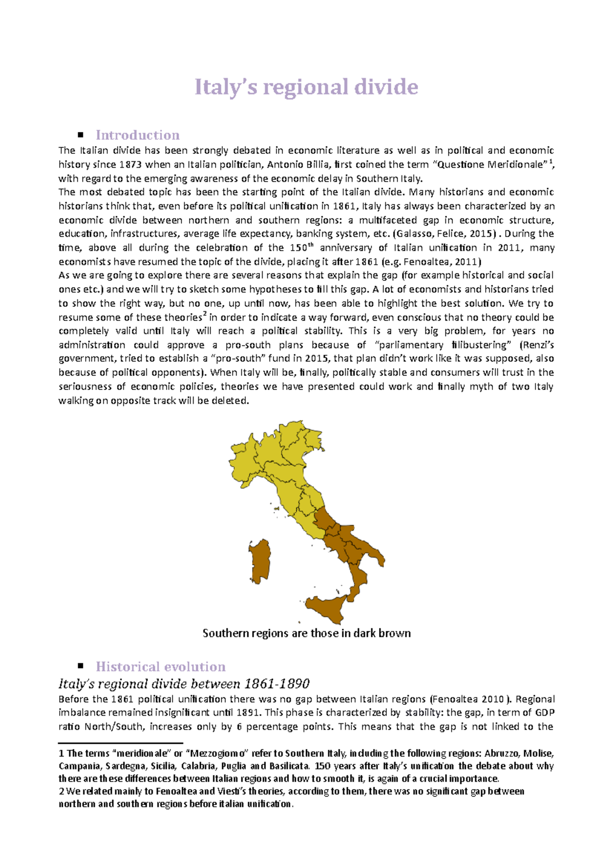 Italian Regional Divide - Italy’s regional divide Introduction The ...