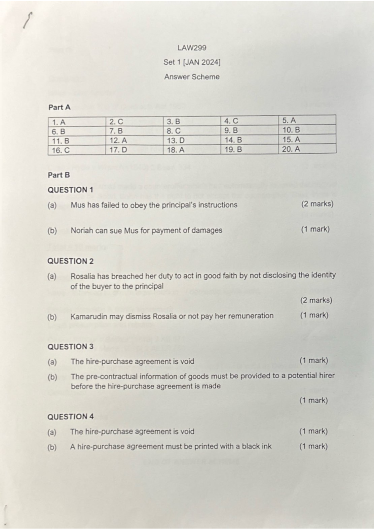 LAW299 EXAM JAN 2024 (A) - LAW299 Set 1 Answer Scheme Part A 1. A 2. C ...
