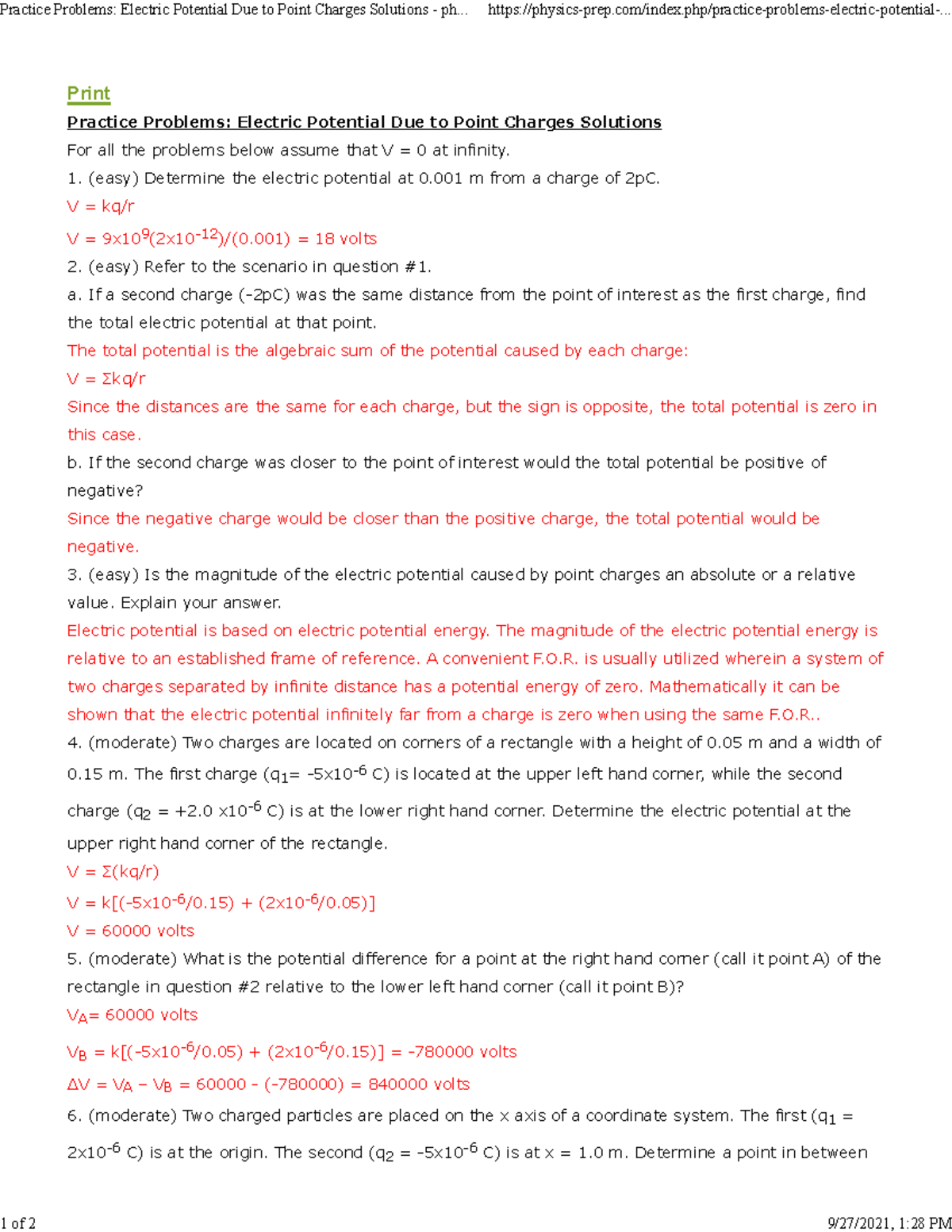 Practice Problems Electric Potential Due to Point Charges Solutions ...