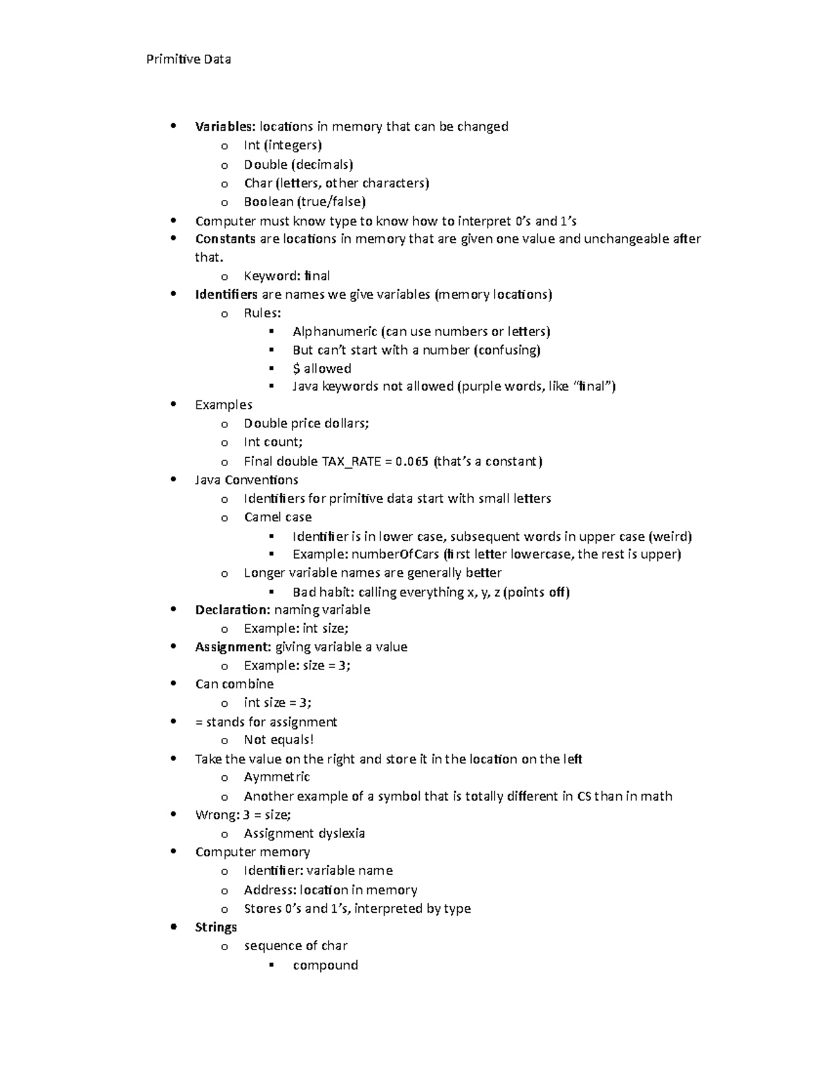 Primitive Data Lecture Notes 1 2 Primitive Data Variables Locations In Memory That Can Be