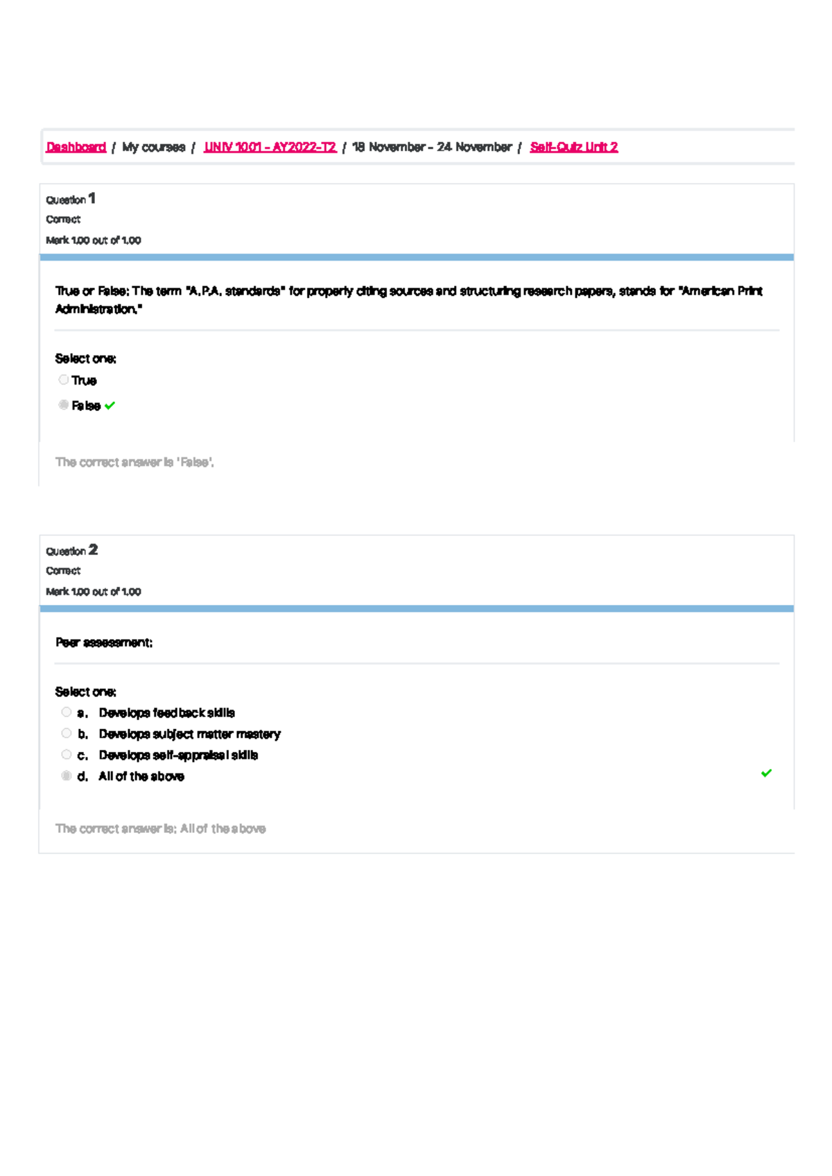 Self Quiz Unit 2 Attempt Review Question 1 Correct Mark 1 Out Of 1 Question 2 Correct Mark 1