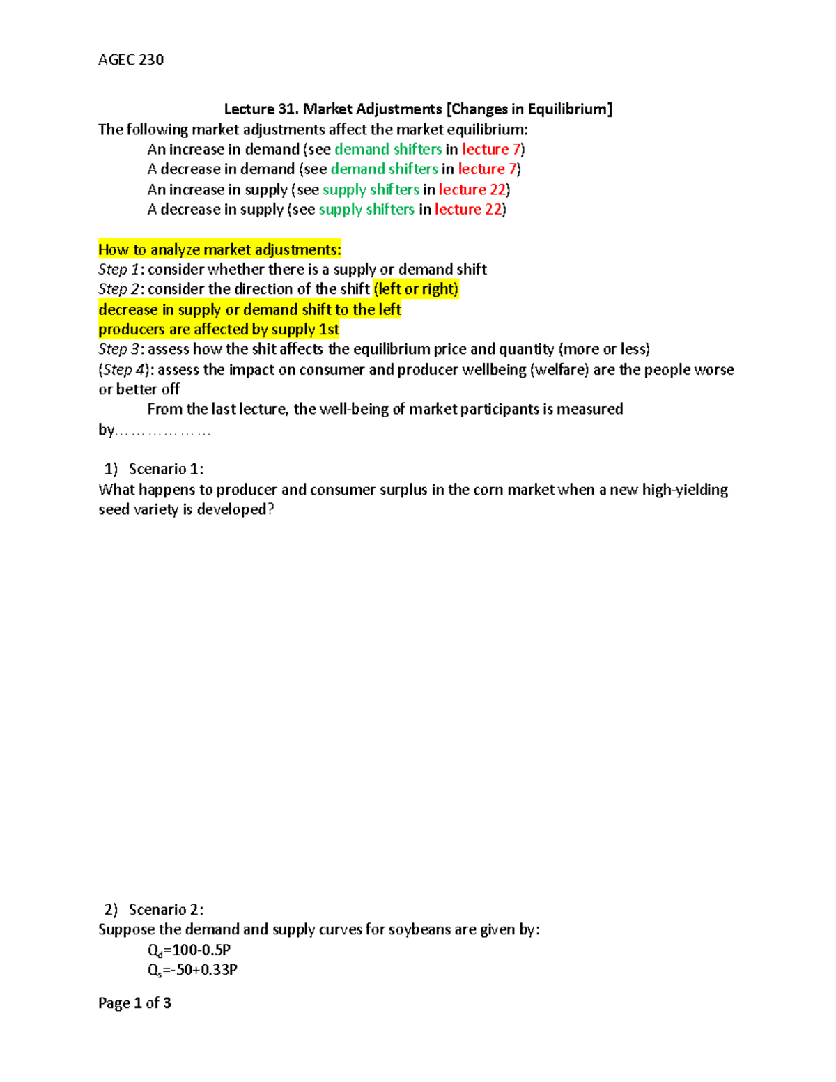 AGEC 230 Lecture 31. Changes in Equilibrium - AGEC 230 Lecture 31 ...