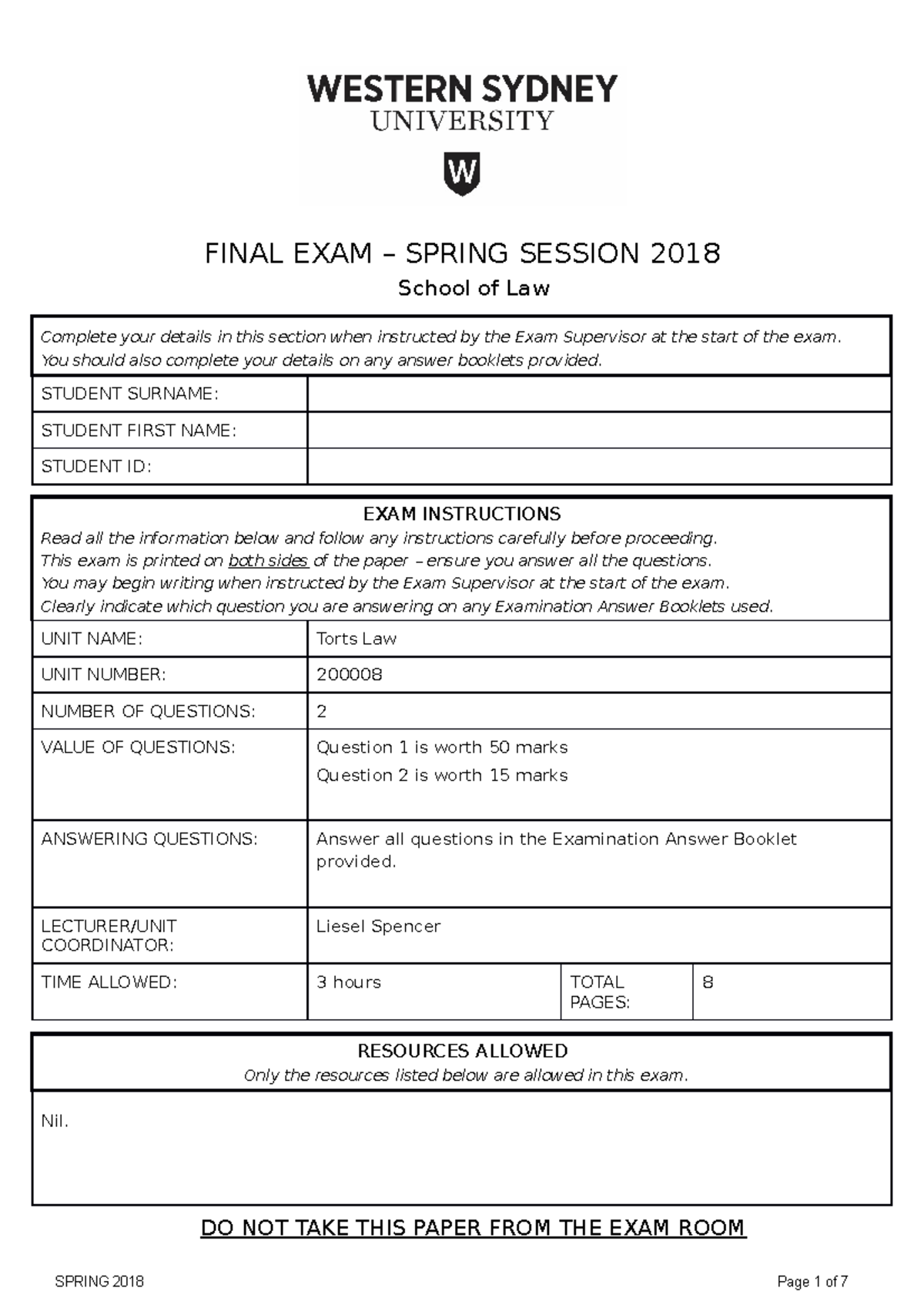 Torts exam outline 2018 - FINAL EXAM – SPRING SESSION 2018 School of ...