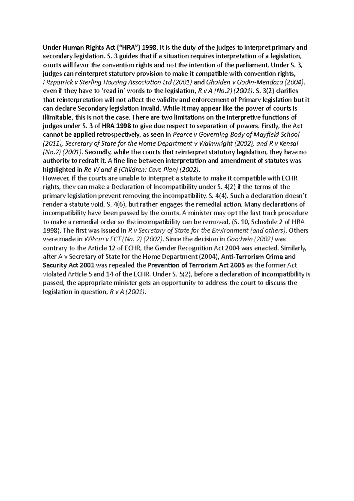 HRA and Interpretation - Under Human Rights Act (“HRA”) 1998 , it is ...