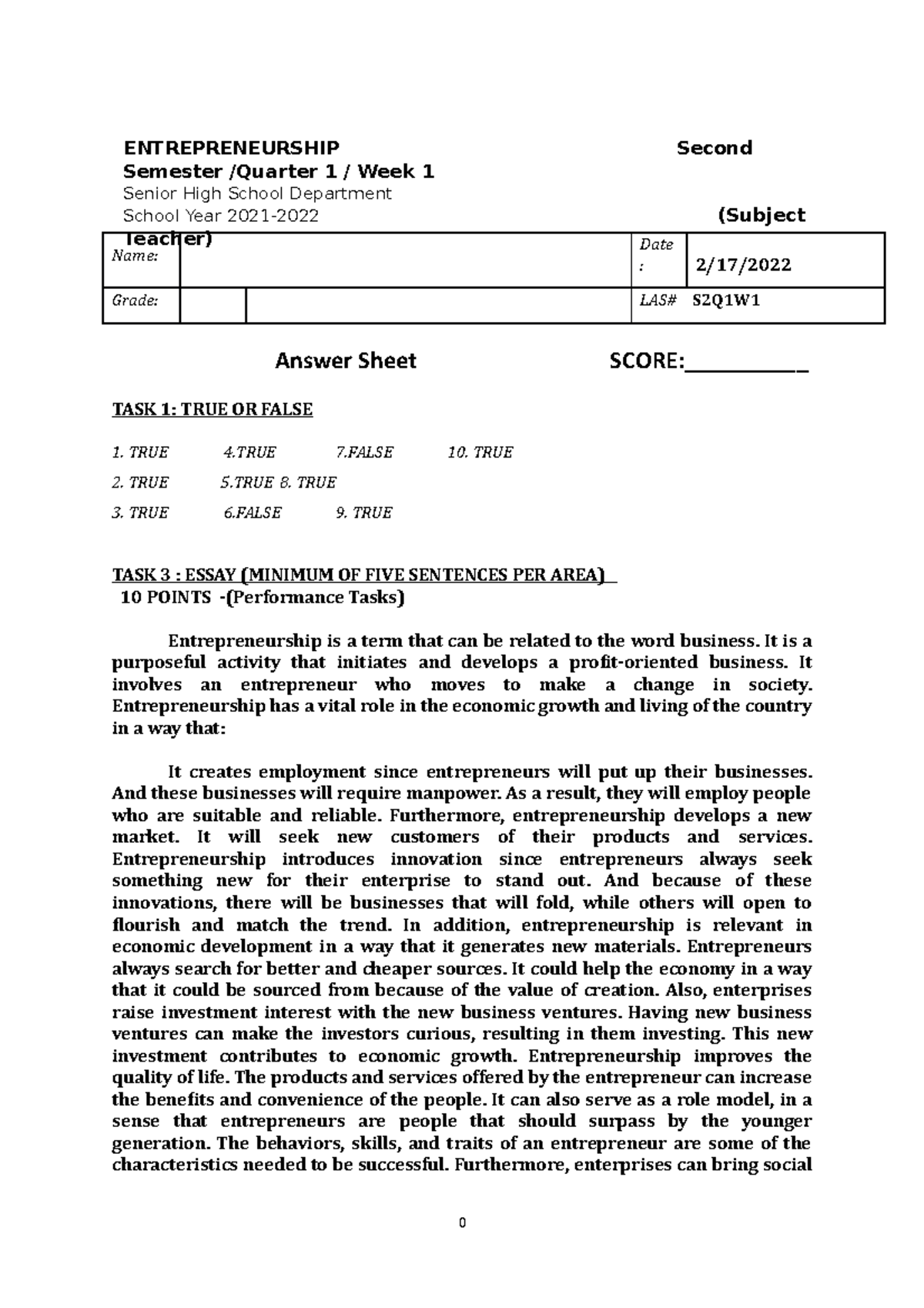 Francis-Entrep-S2Q1W1 - Name: Date : 2/17/ Grade:LAS# S2Q1W Answer ...